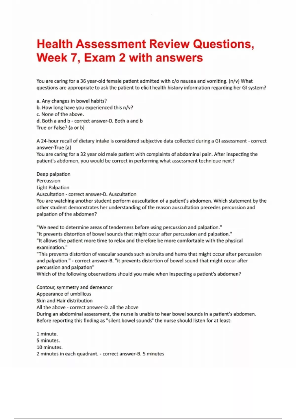 Health Assessment Exam Prep Pack — Exams 1 & 2, Final Exam Reviews ...