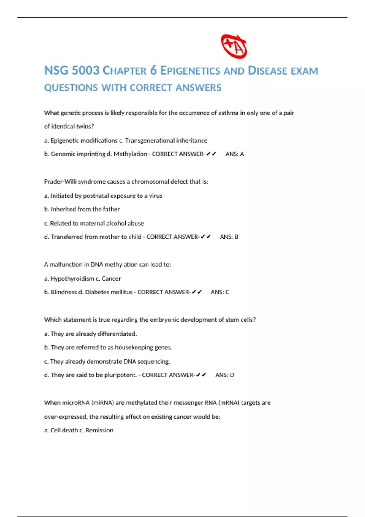 NSG 5003 CHAPTER 6 EPIGENETICS AND DISEASE EXAM QUESTIONS WITH CORRECT ...