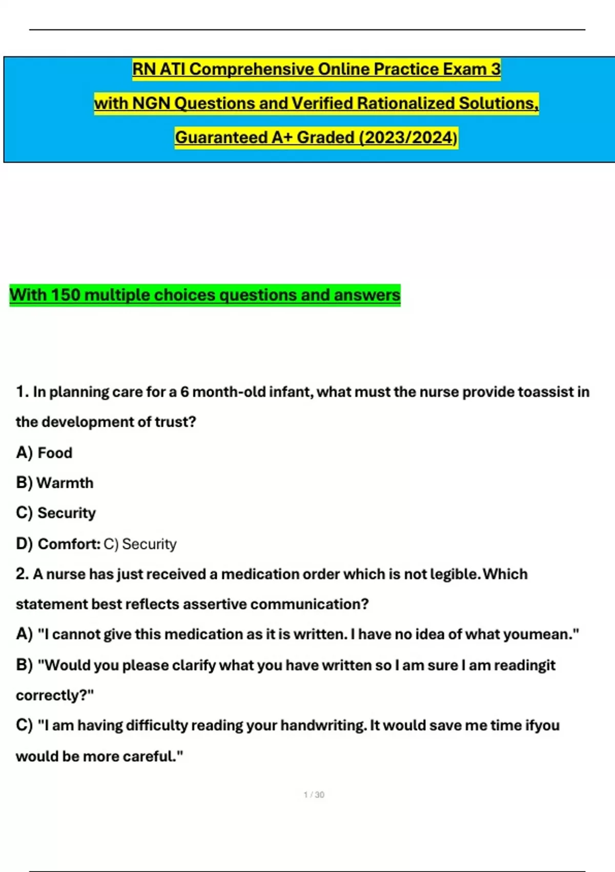 RN ATI Comprehensive Online Practice Exam 3 with NGN Questions and ...