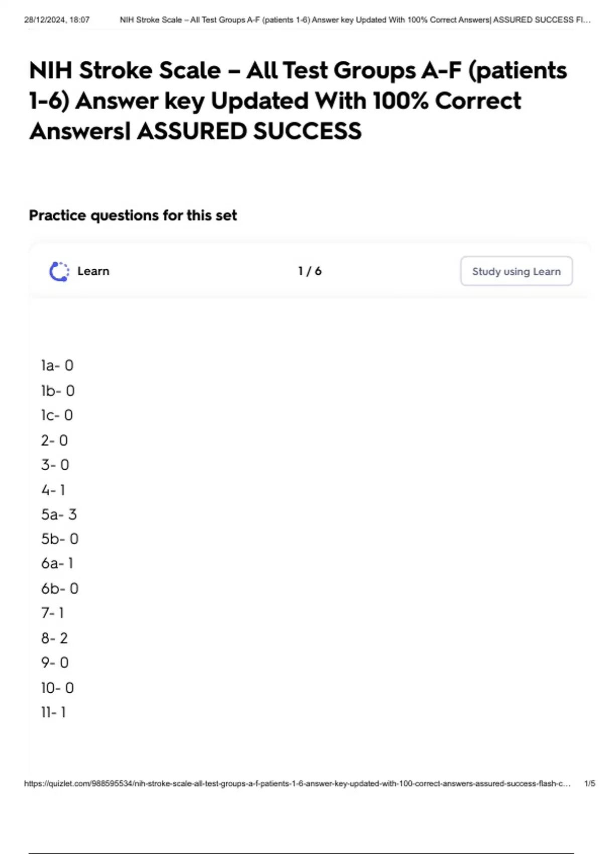 NIH Stroke Scale – All Test Groups A-F (patients 1-6) Answer key ...