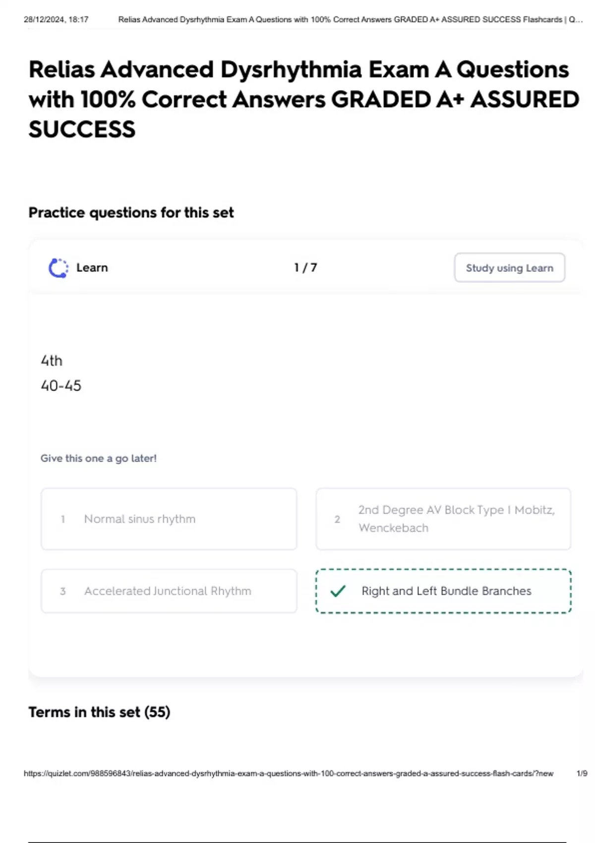 Relias Advanced Dysrhythmia Exam A Questions with 100% Correct Answers ...