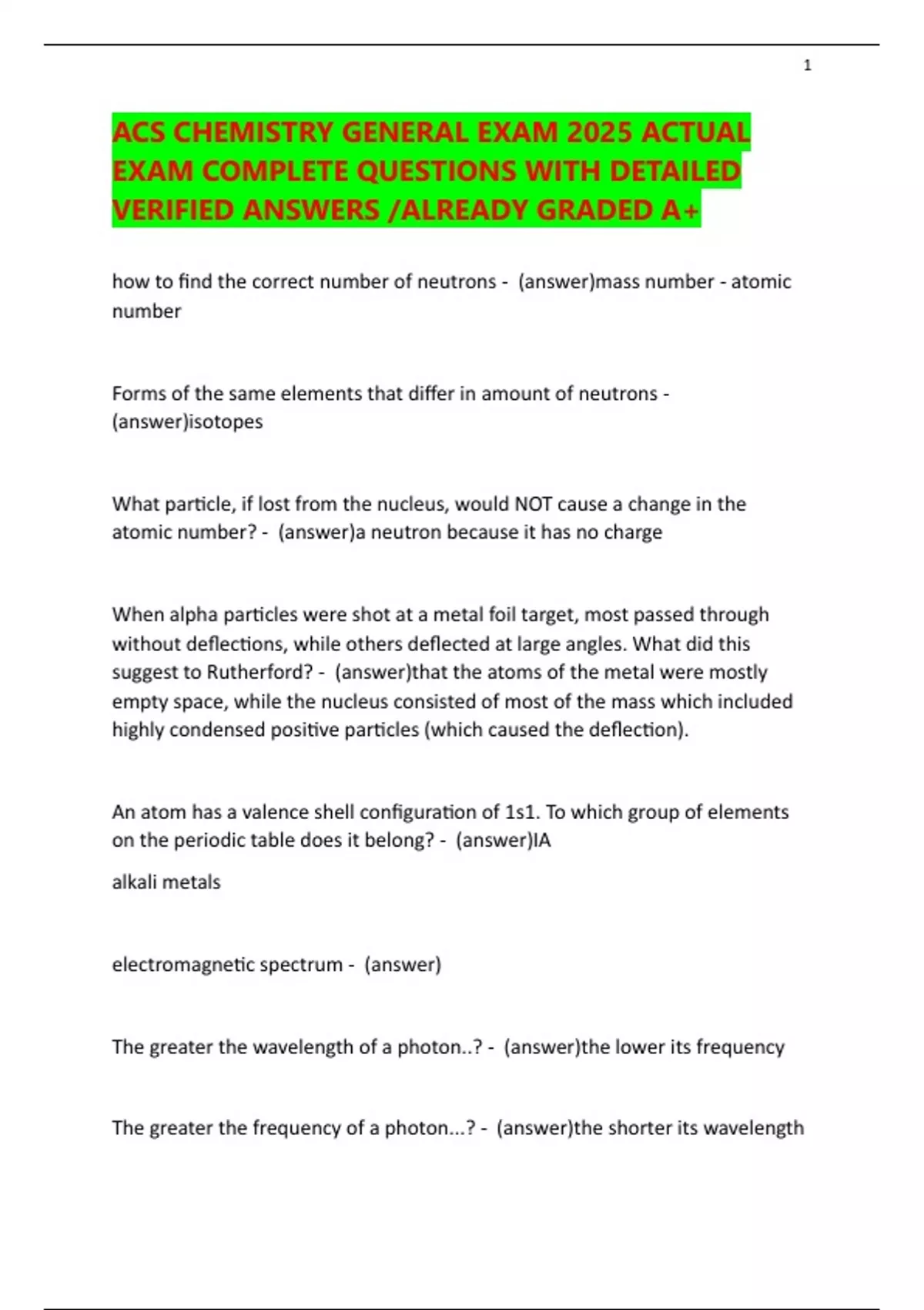 ACS CHEMISTRY GENERAL EXAM 2025 ACTUAL EXAM COMPLETE QUESTIONS WITH ...