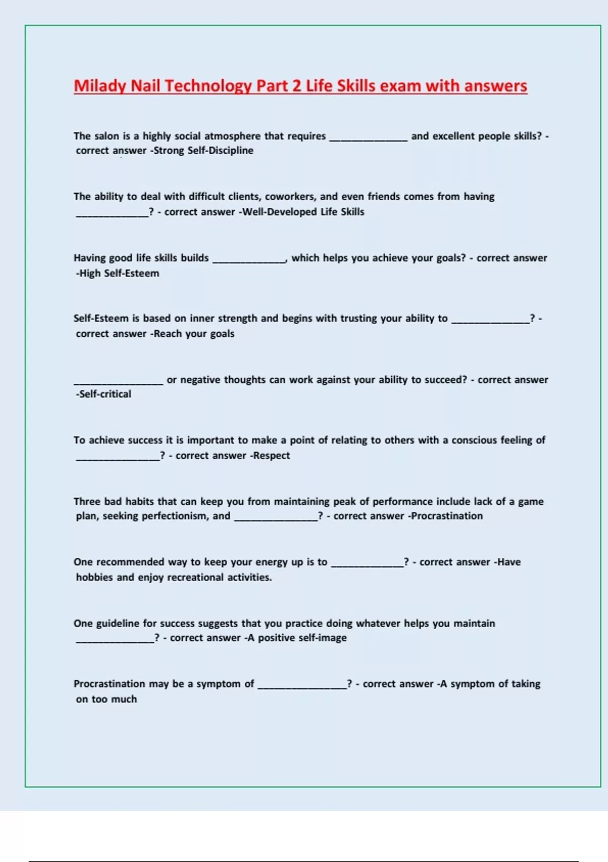 Milady Nail Technology Part 2 Life Skills exam with answers - Midaly ...