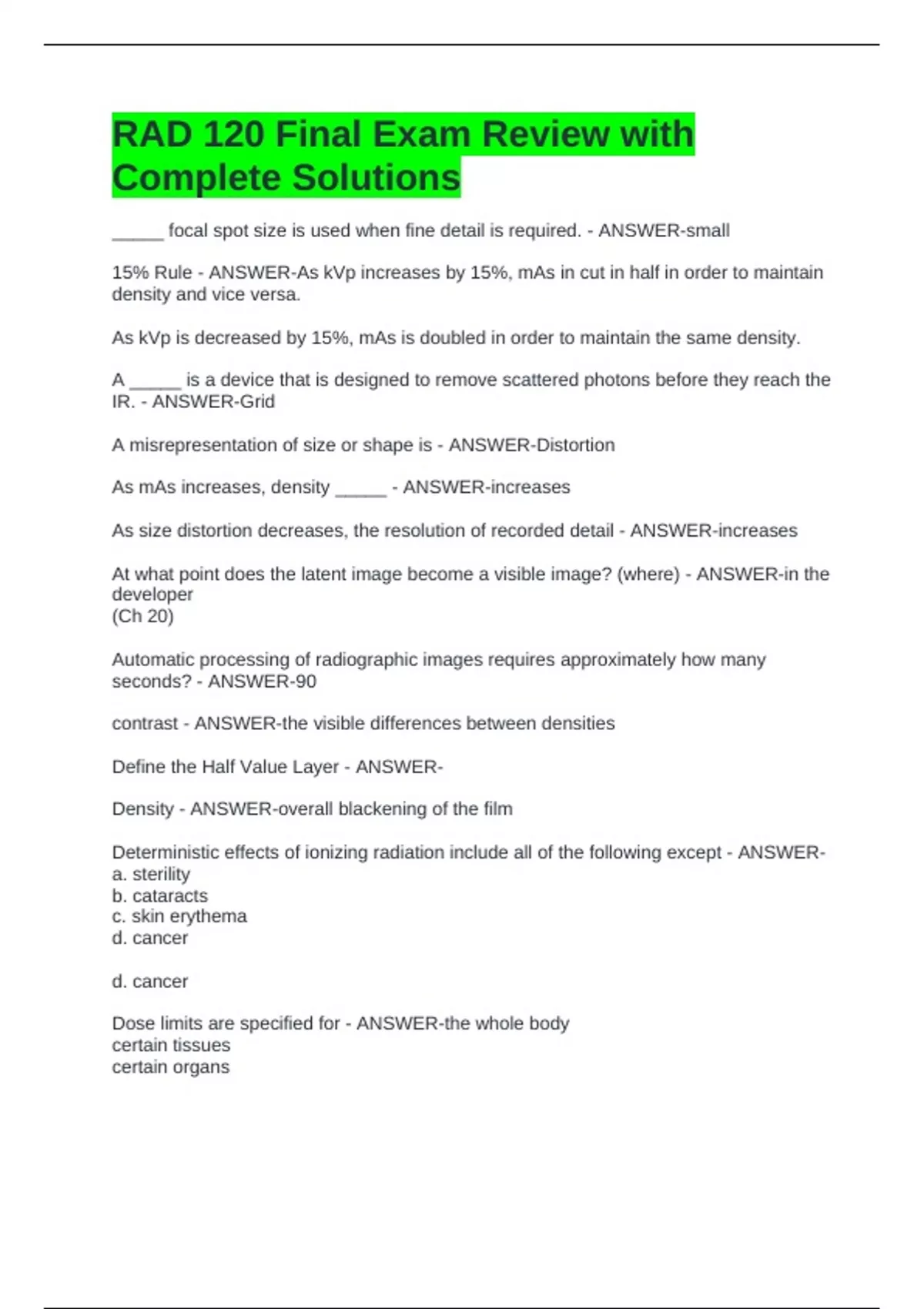 RAD 120 Final Exam Review with Complete Solutions - RAD 120 - Stuvia US