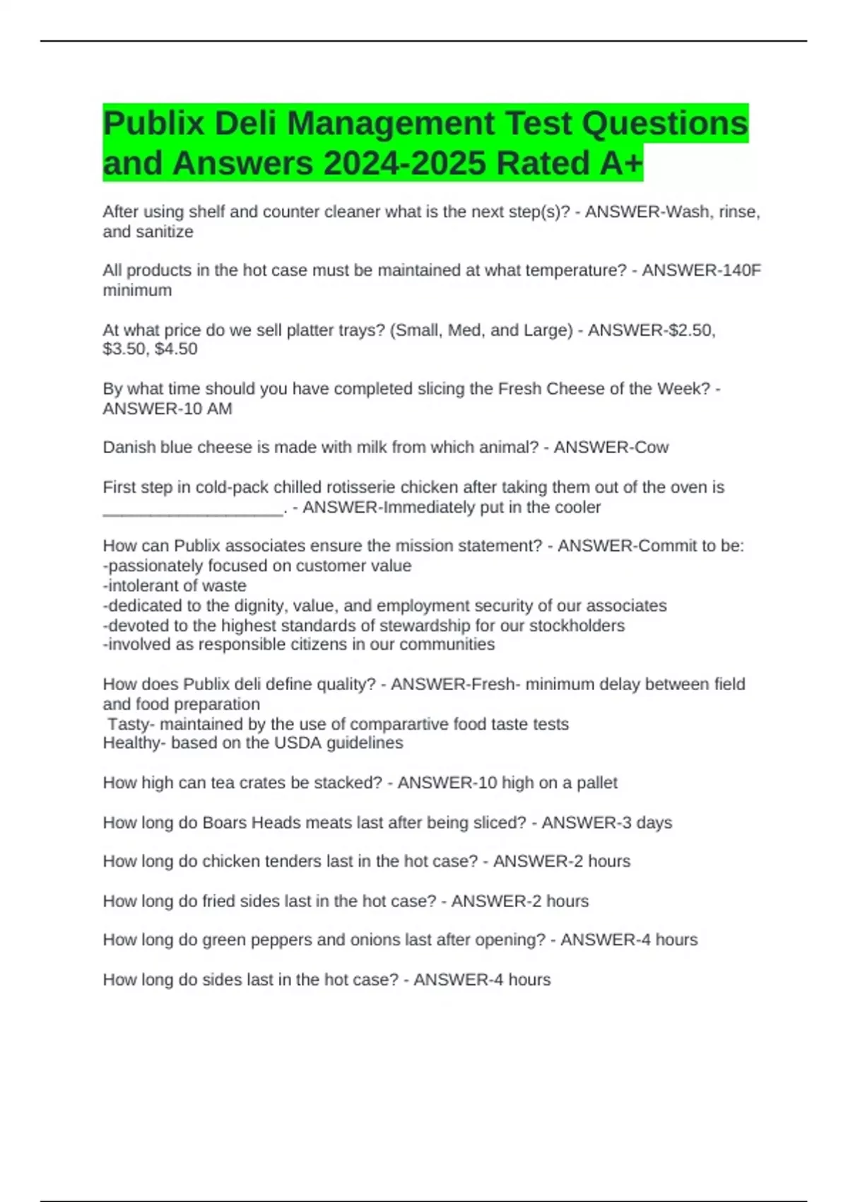 Publix Deli Management Test Questions and Answers Rated A+ - Publix ...