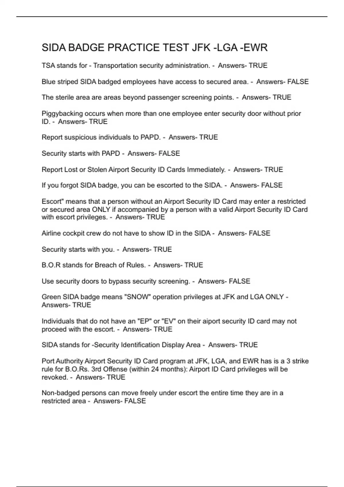 SIDA BADGE PRACTICE TEST JFK -LGA -EWR - Sida badge - Stuvia US