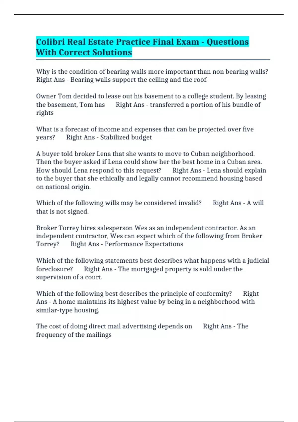 Colibri Real Estate Practice Final Exam - Questions With Correct ...