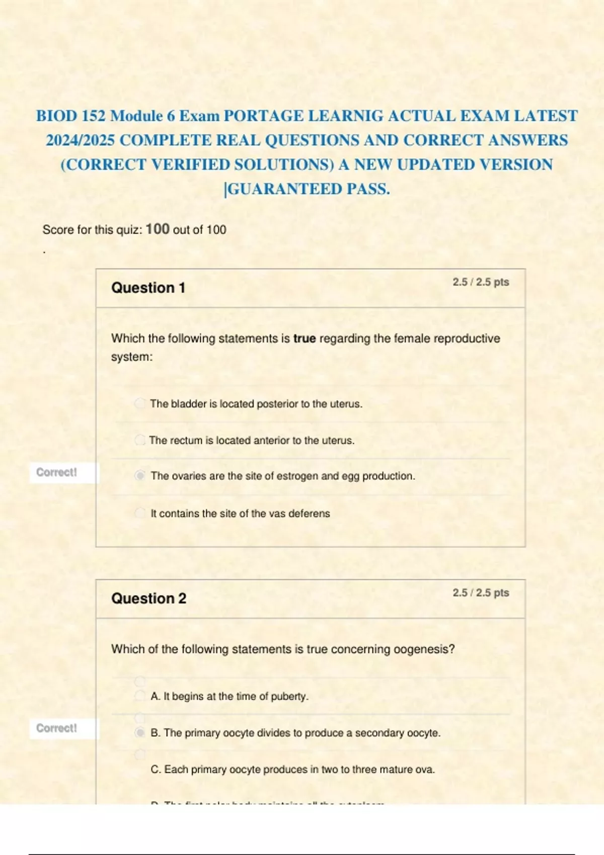 BIOD 152 Module 6 Exam PORTAGE LEARNIG ACTUAL EXAM LATEST 2024/2025 ...