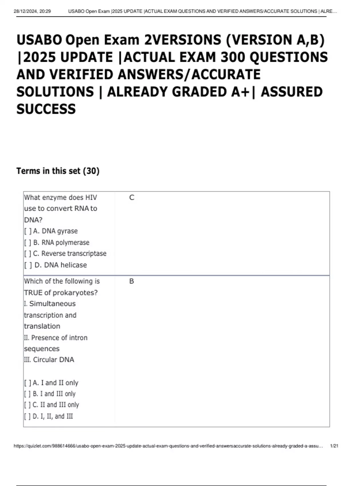 USABO Open Exam 2VERSIONS (VERSION A,B) |2025 UPDATE |ACTUAL EXAM 300 ...