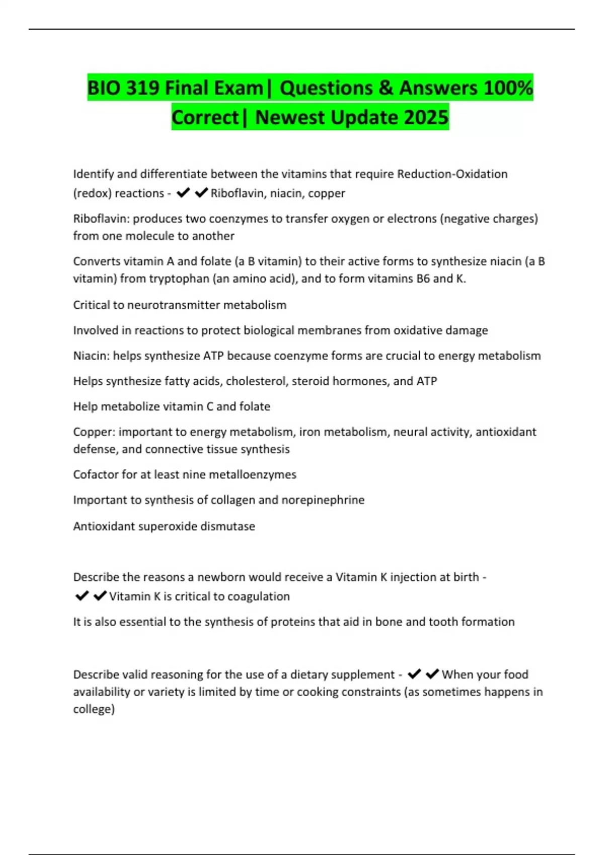 BIO 319 Final Exam| Questions & Answers 100% Correct| Newest Update 2025 - BIO 319 - Stuvia US