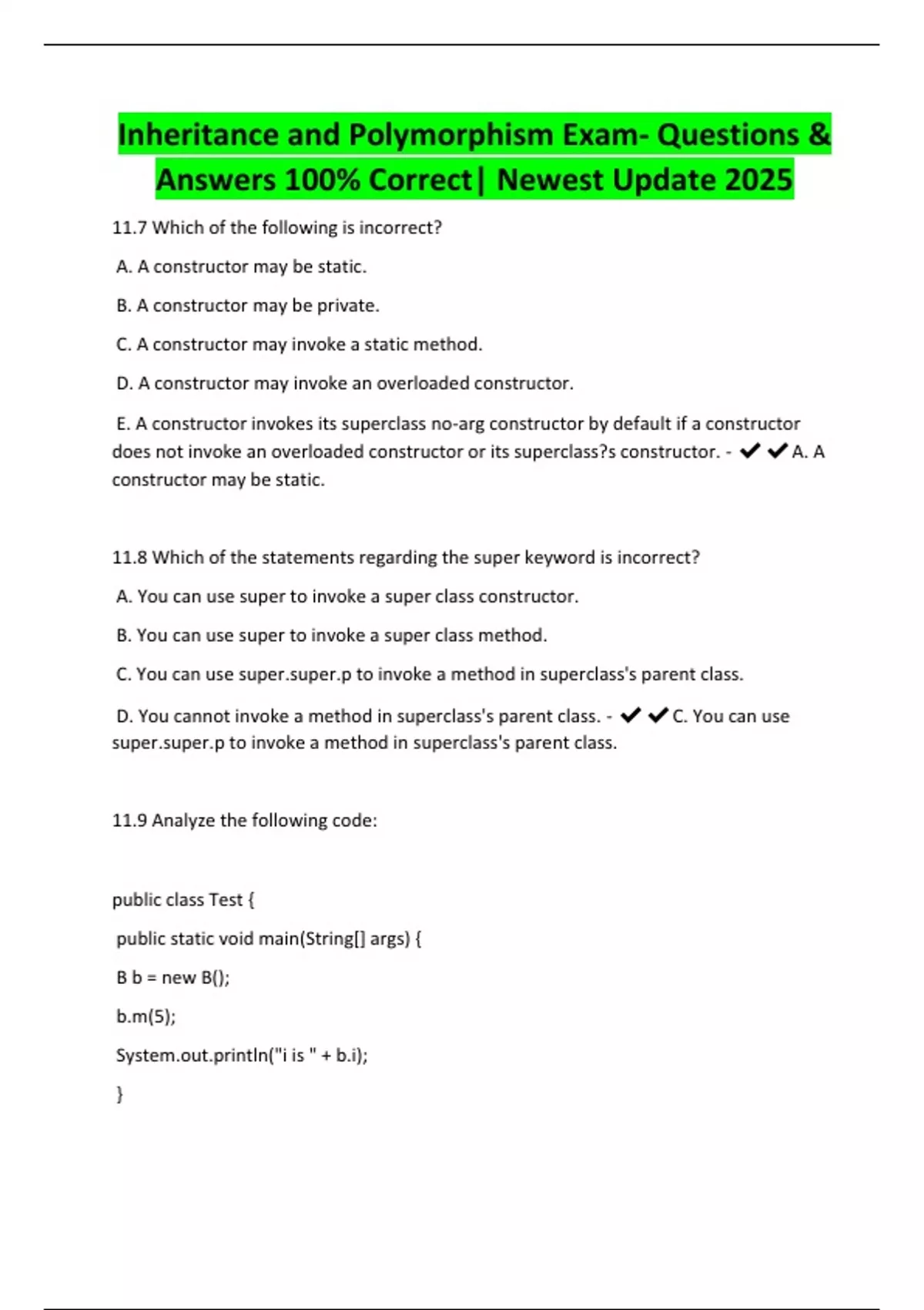 Inheritance and Polymorphism Exam- Questions & Answers 100% Correct| Newest Update 2025 - E.x.a ...