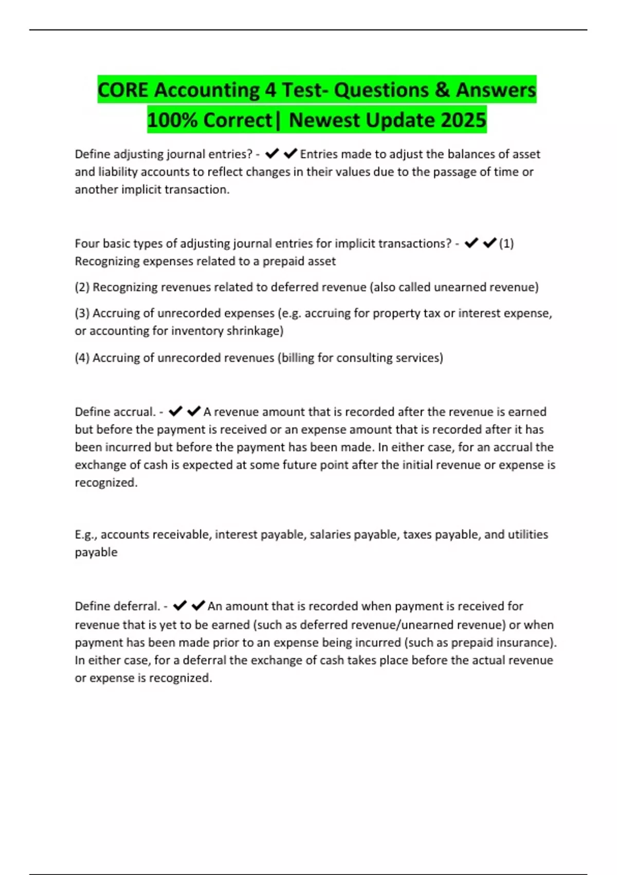 CORE Accounting 4 Test- Questions & Answers 100% Correct| Newest Update ...