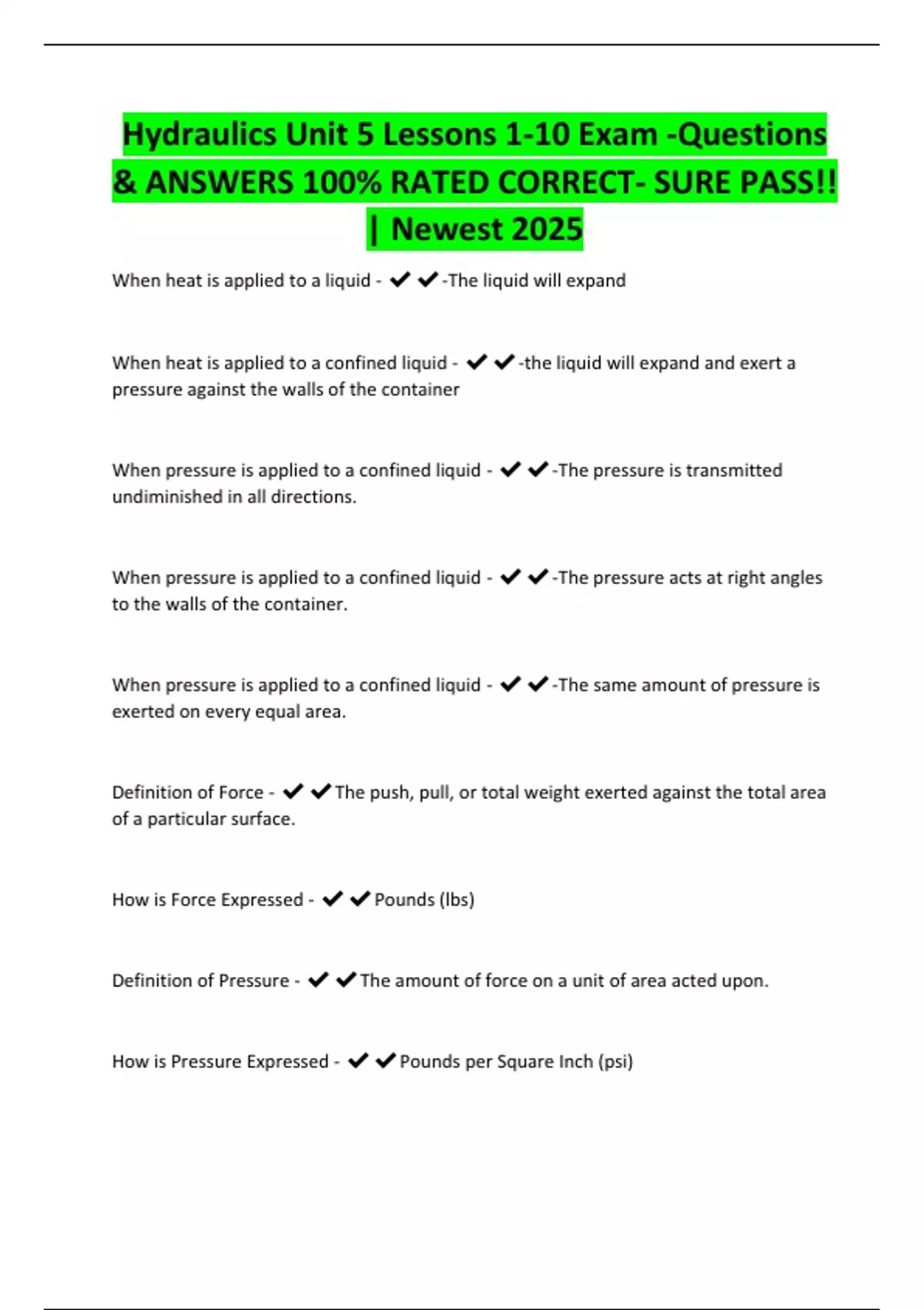 Hydraulics Unit 5 Lessons 1-10 Exam -Questions & ANSWERS 100% RATED ...