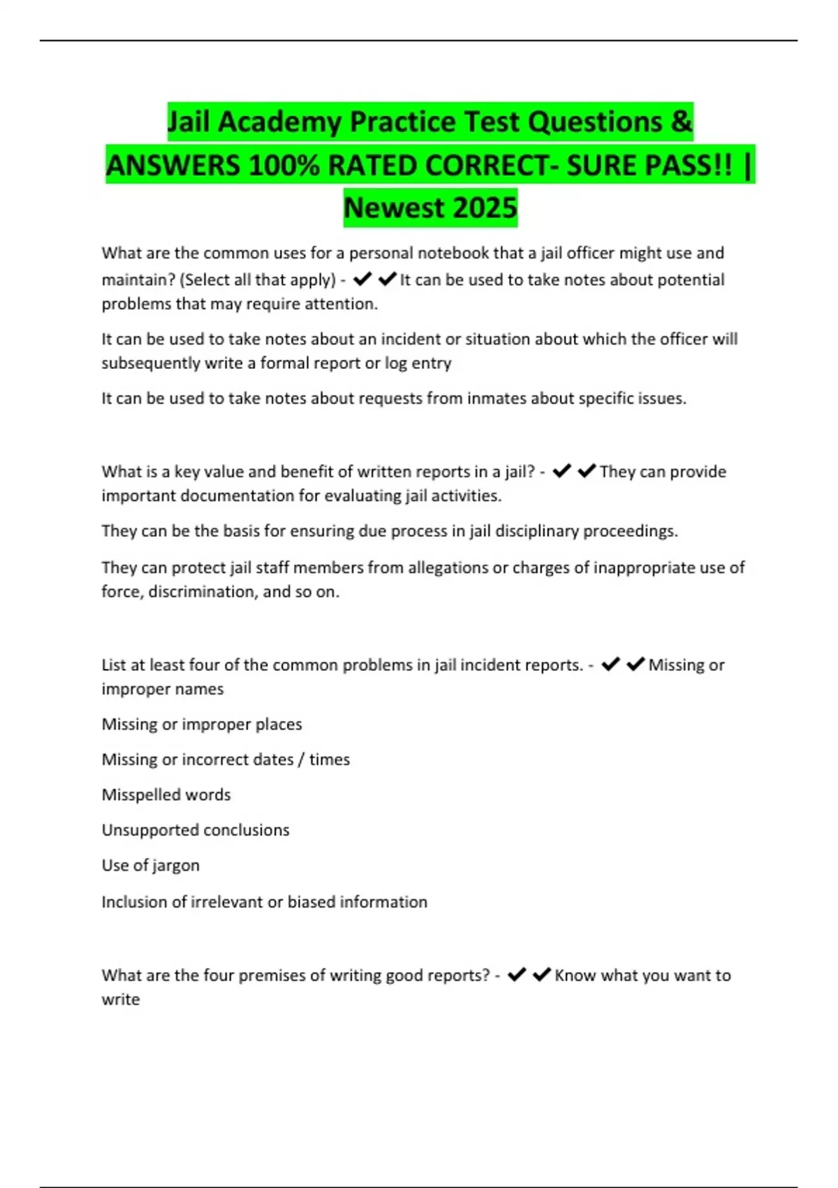 Jail Academy Practice Test Questions & ANSWERS 100% RATED CORRECT- SURE ...