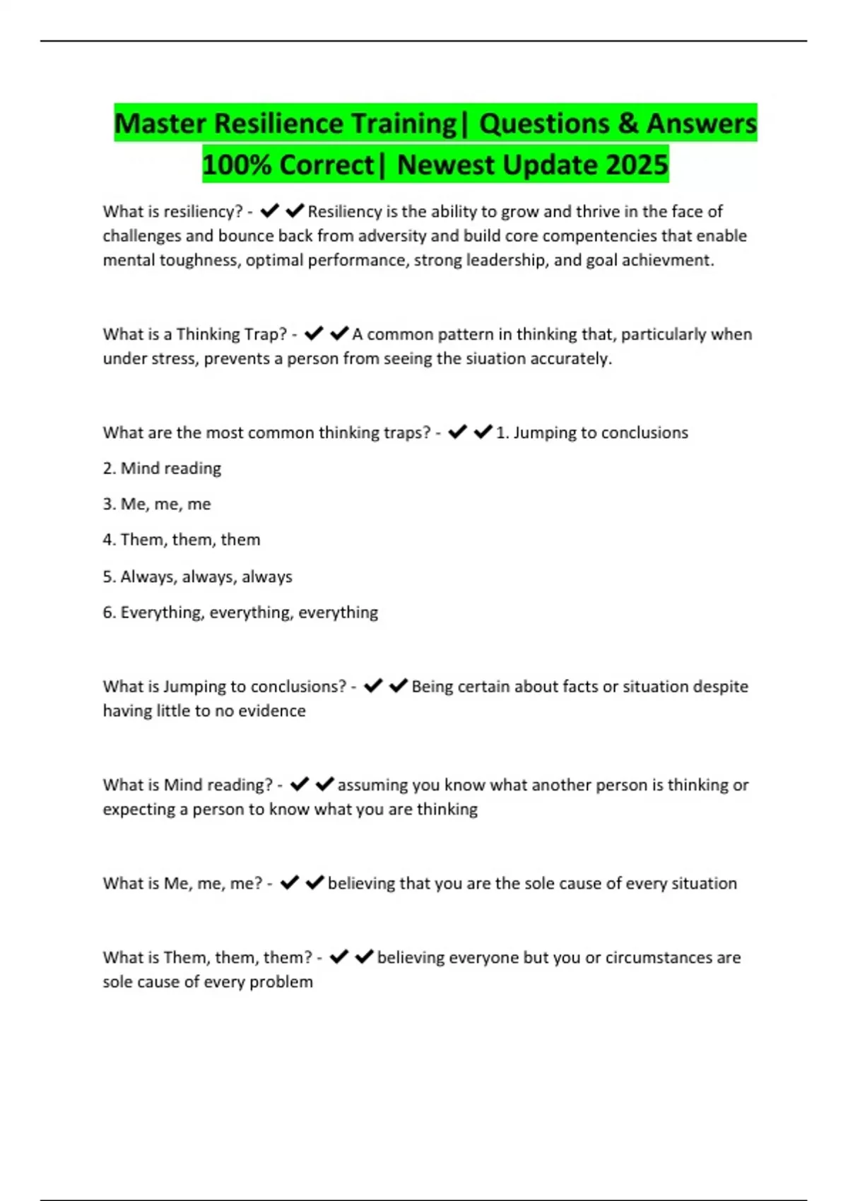 Master Resilience Training| Questions & Answers 100% Correct| Newest ...