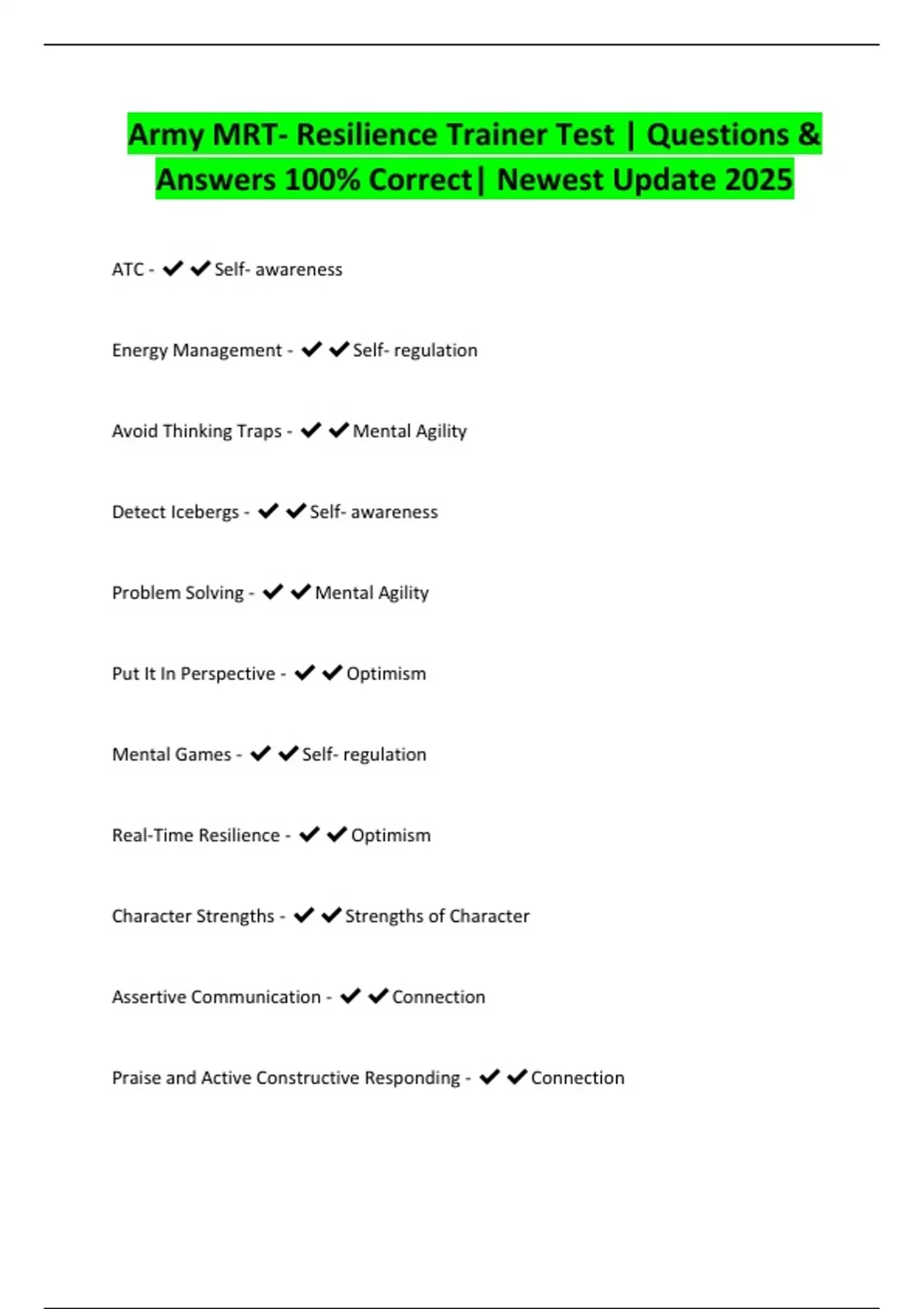 Army MRT- Resilience Trainer Test | Questions & Answers 100% Correct ...