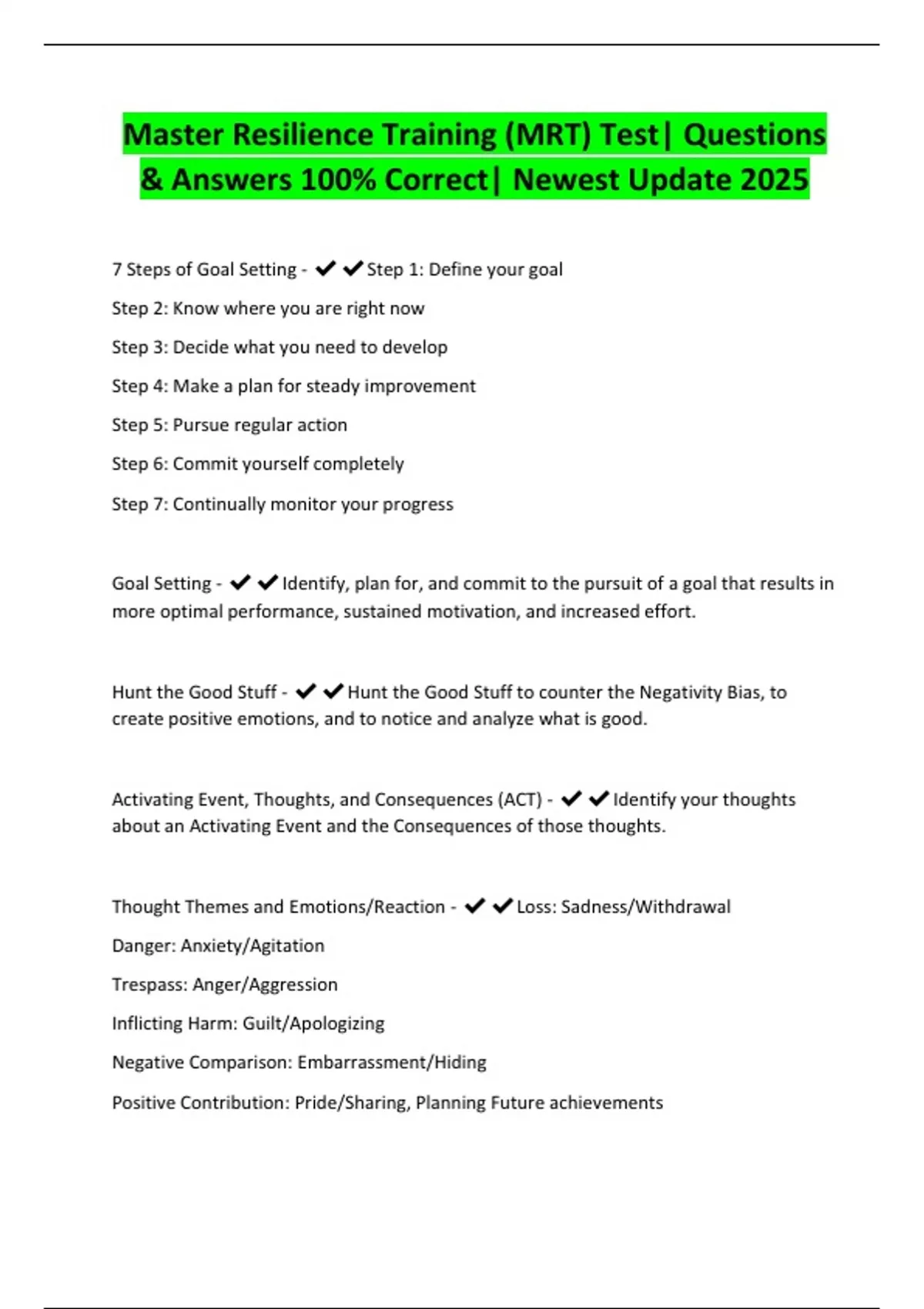 Master Resilience Training (MRT) Test| Questions & Answers 100% Correct ...