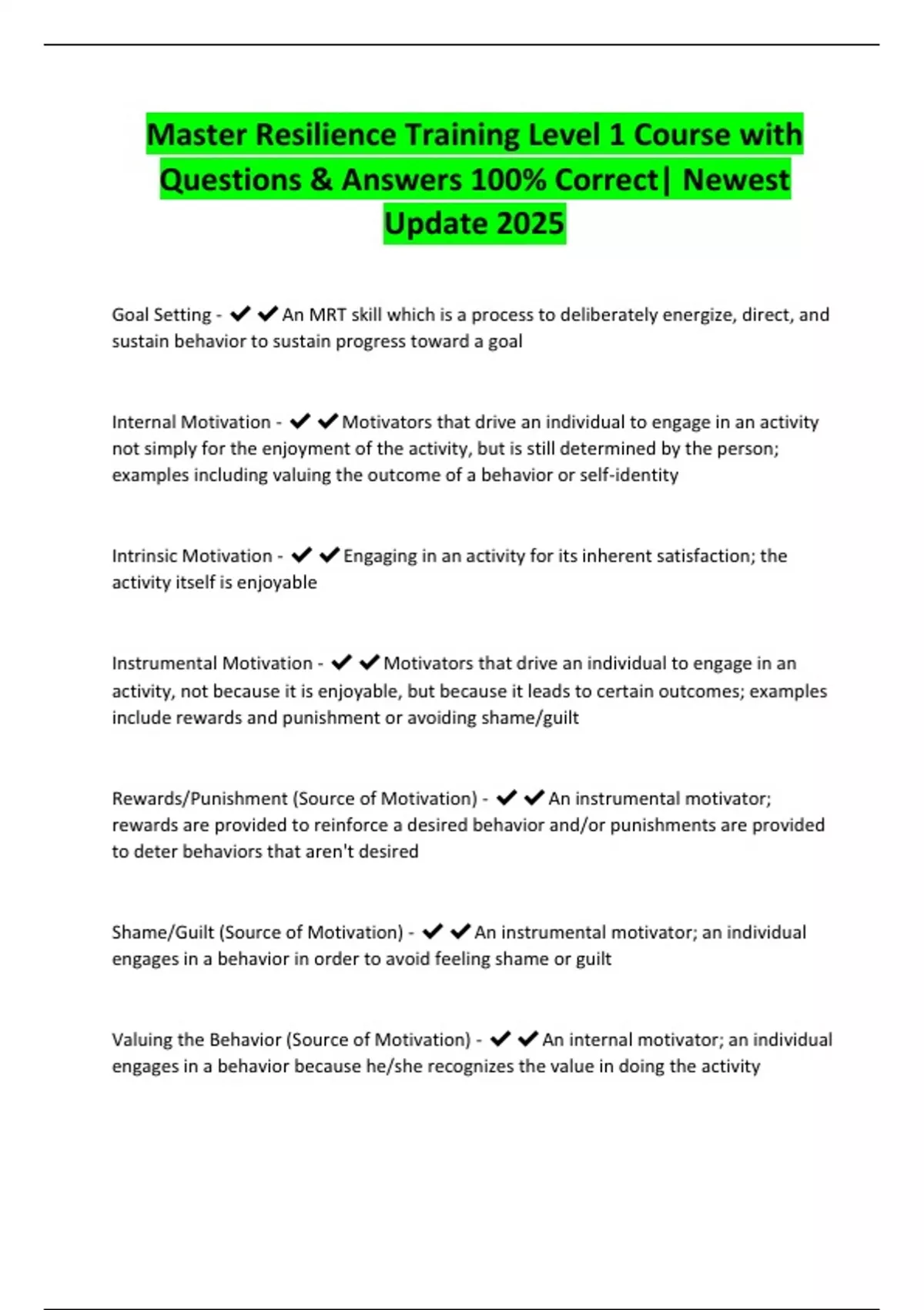 Master Resilience Training Level 1 Course with Questions & Answers 100% ...