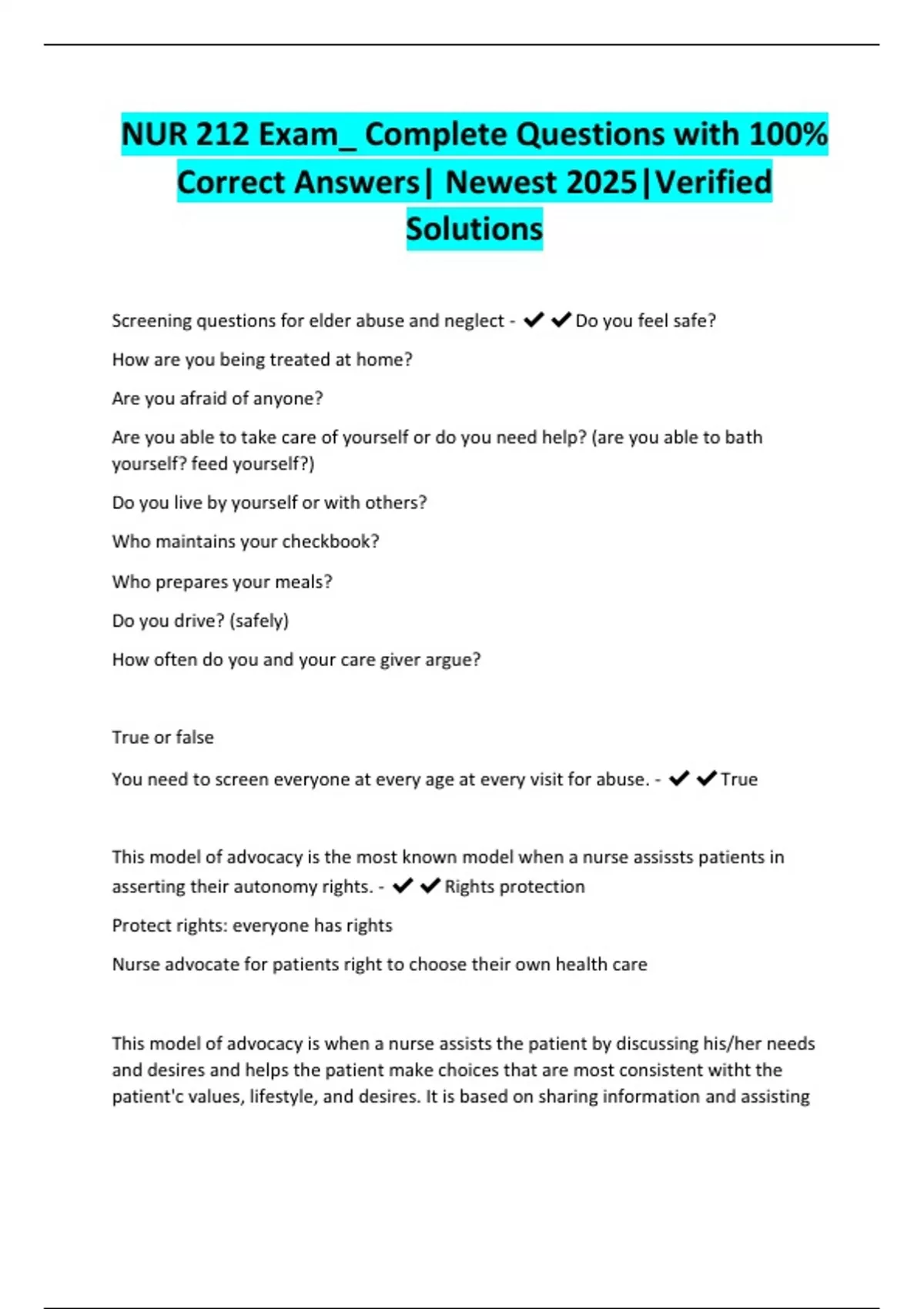 NUR 212 Exam_ Complete Questions with 100% Correct Answers| Newest 2025 ...