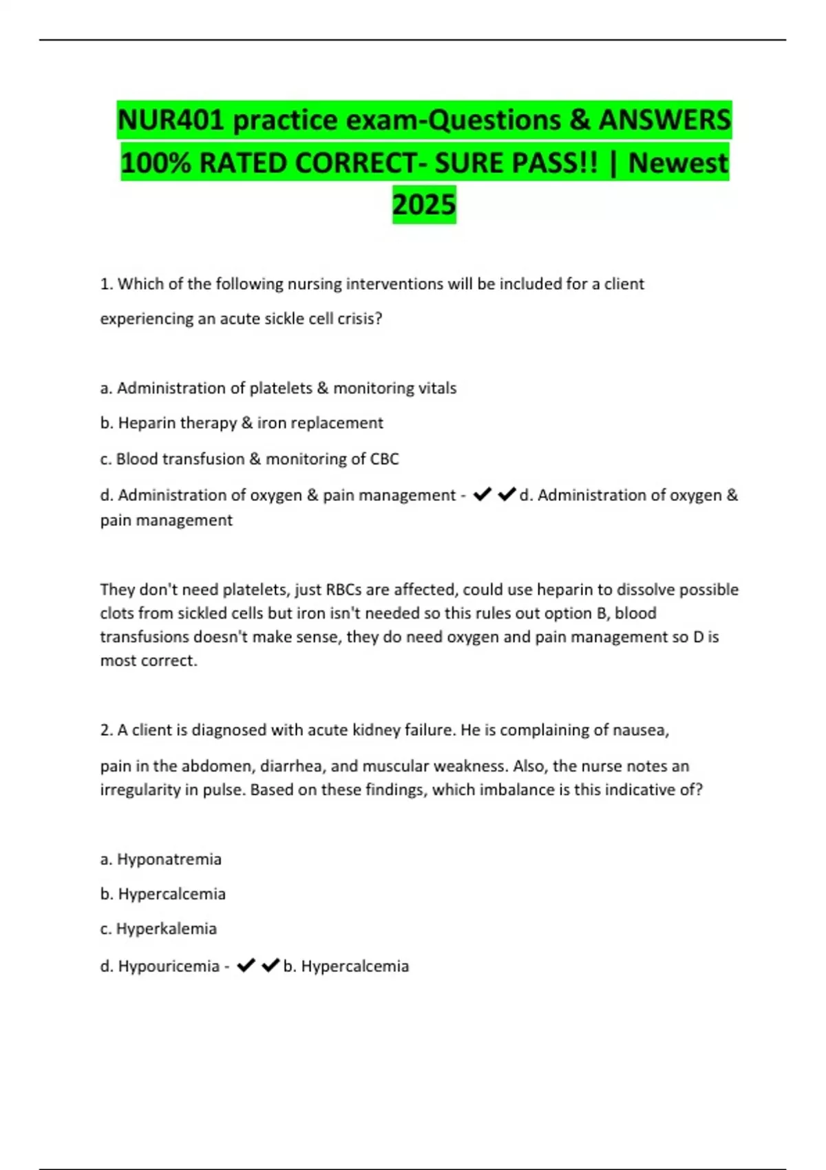 NUR401 practice exam-Questions & ANSWERS 100% RATED CORRECT- SURE PASS!! | Newest 2025 - NUR401 ...