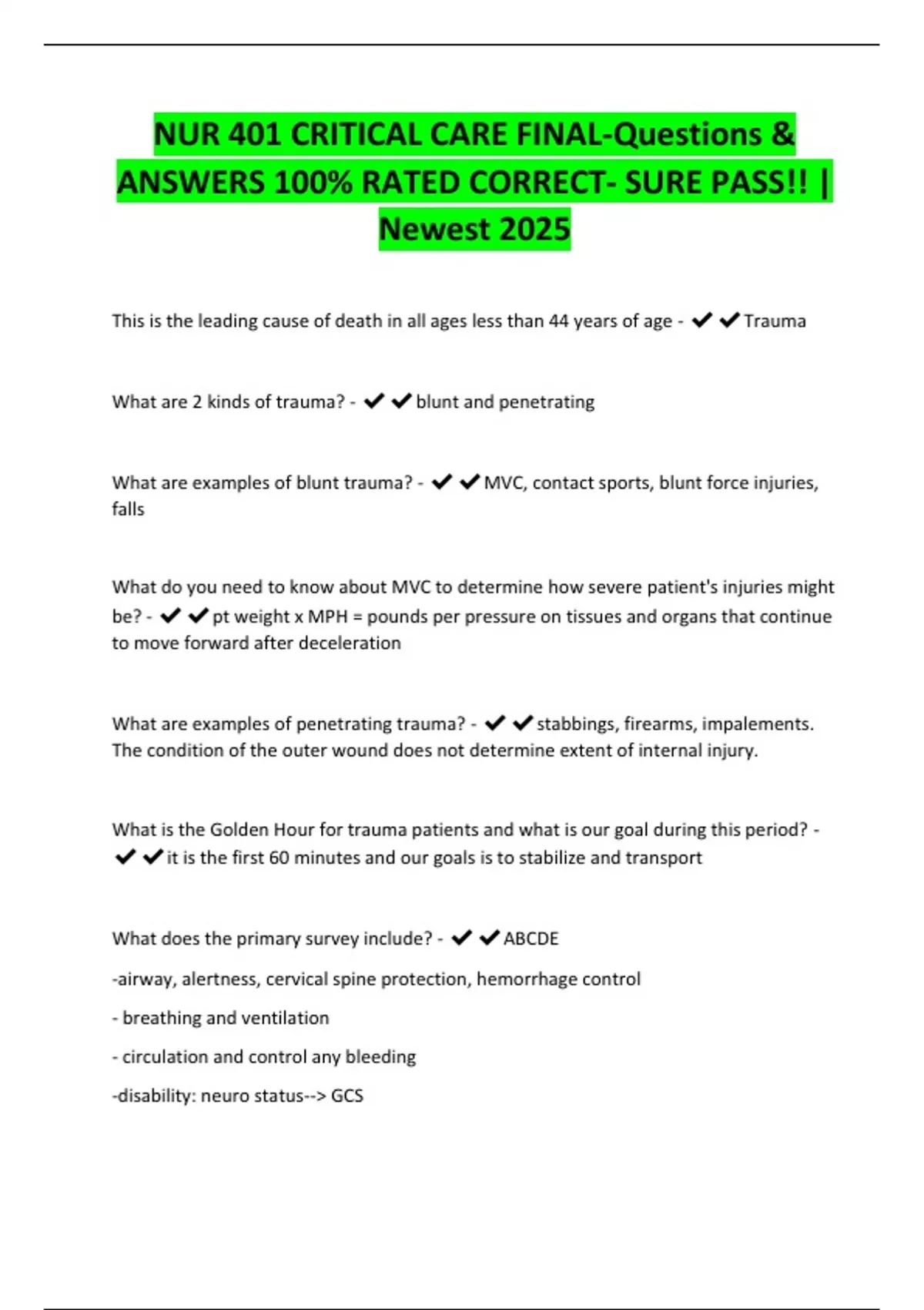 NUR 401 CRITICAL CARE FINAL-Questions & ANSWERS 100% RATED CORRECT ...