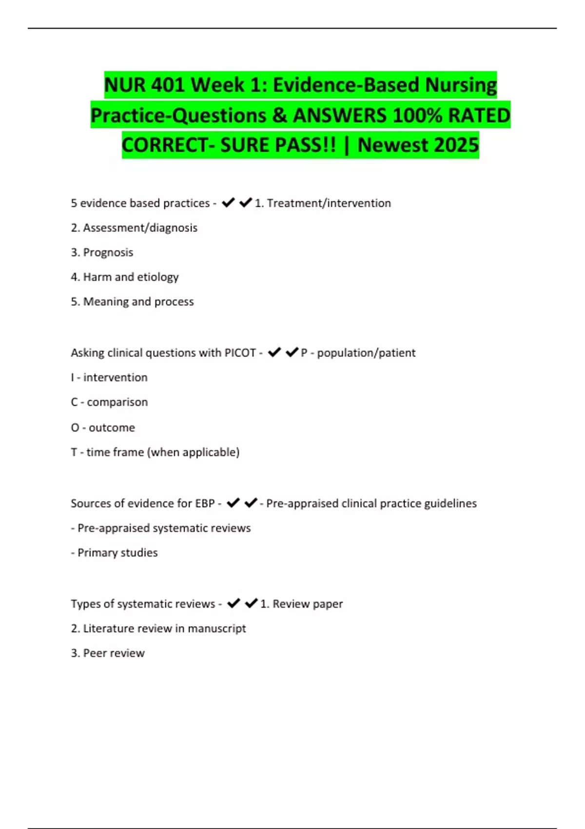 NUR 401 Week 1: Evidence-Based Nursing Practice-Questions & ANSWERS 100 ...
