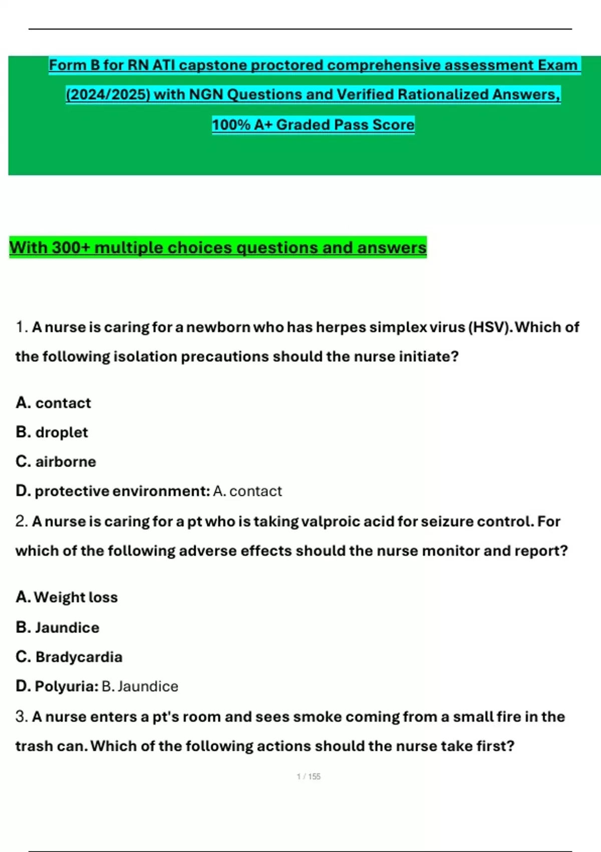 Form B for RN ATI capstone proctored comprehensive assessment Exam ...