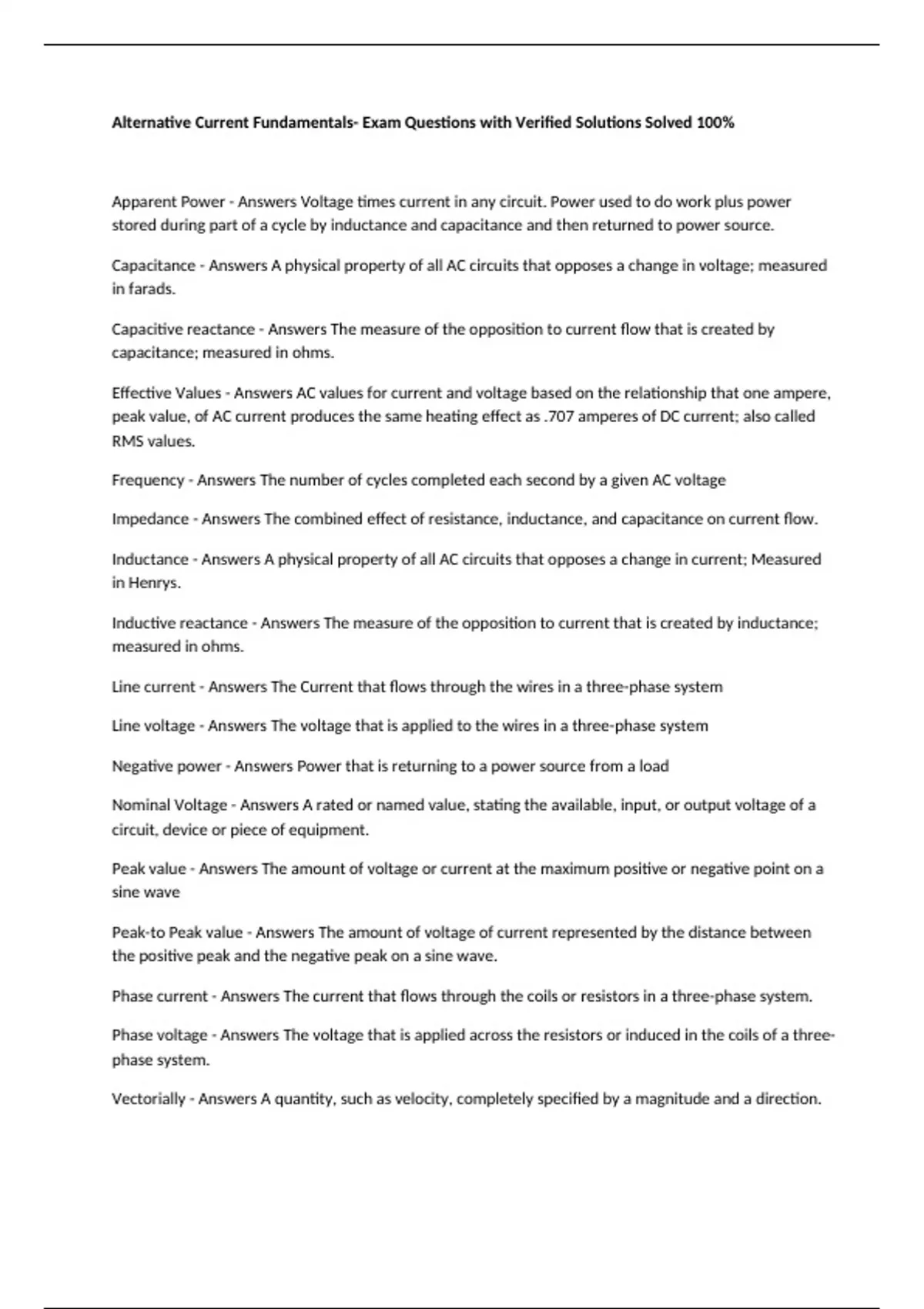 Alternative Current Fundamentals- Exam Questions with Verified ...