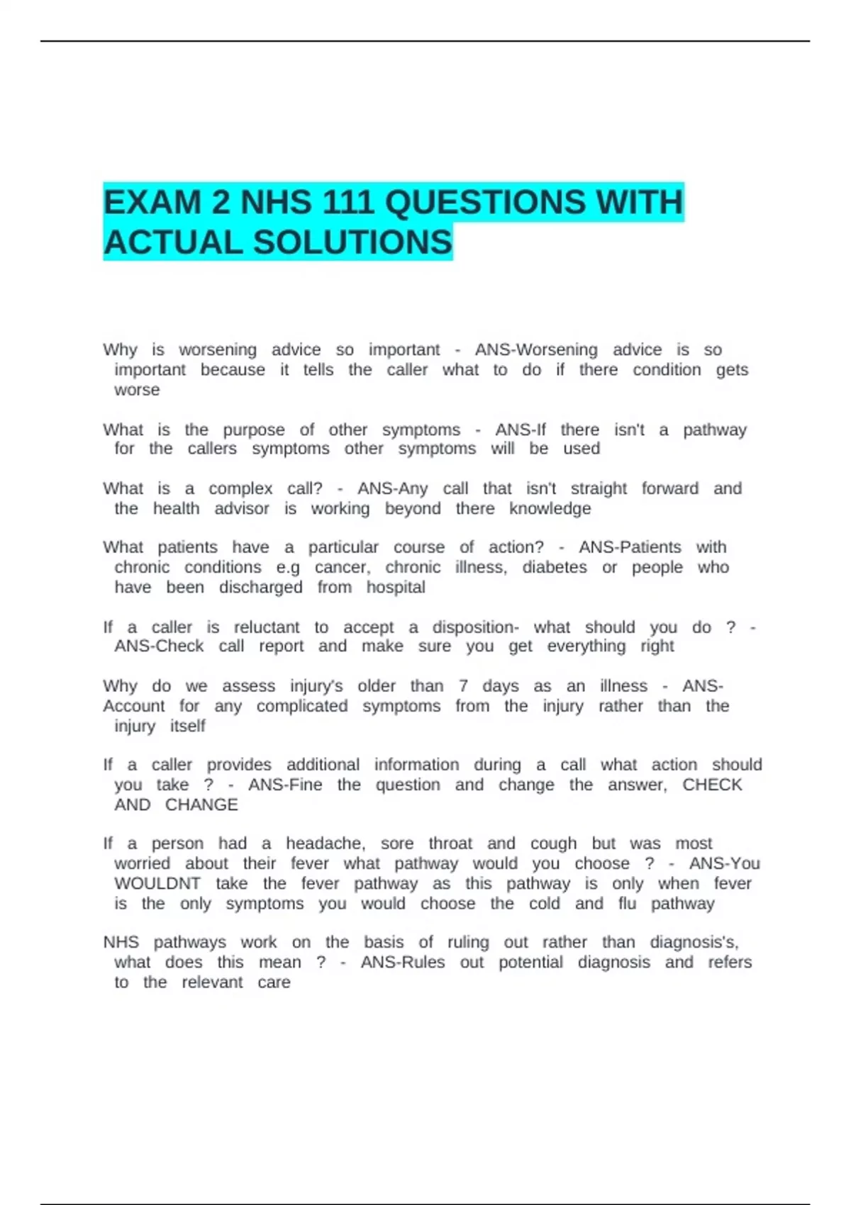 EXAM 2 NHS 111 QUESTIONS WITH ACTUAL SOLUTIONS - NHS 111 - Stuvia US