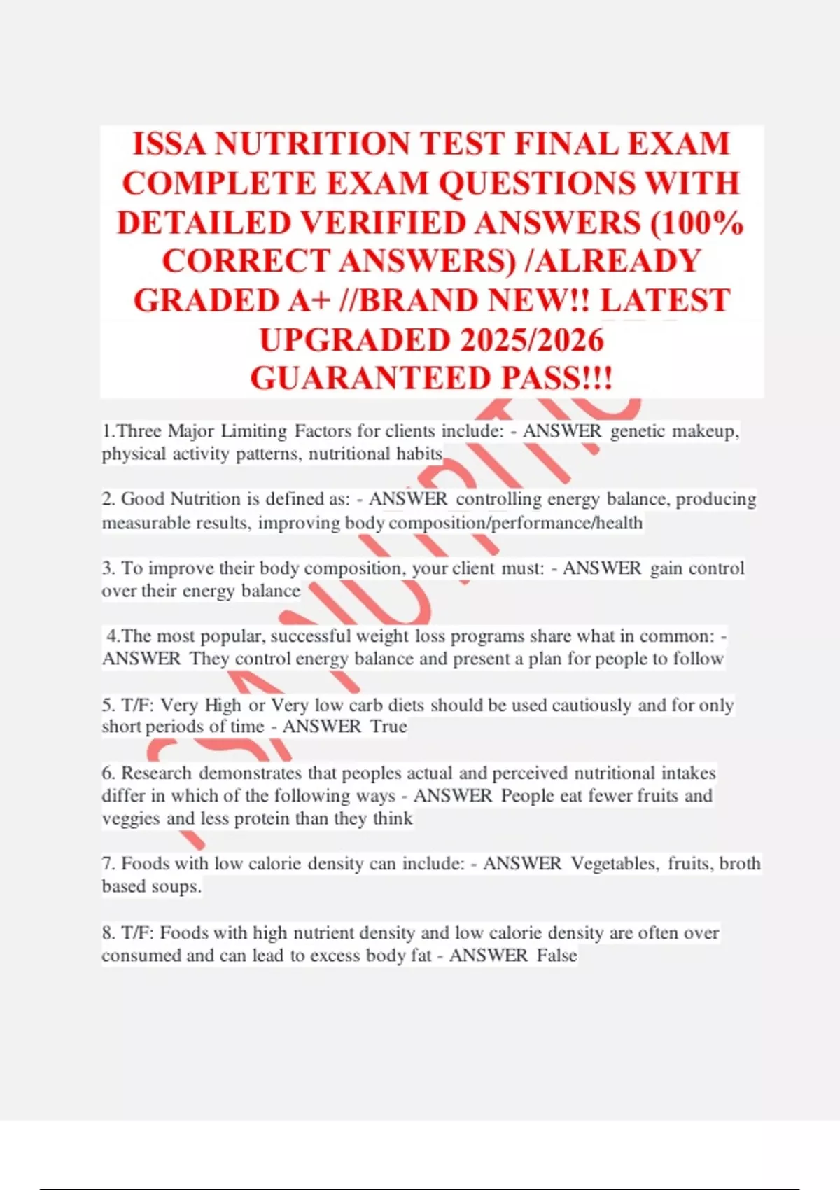 ISSA NUTRITION TEST FINAL EXAM COMPLETE EXAM QUESTIONS WITH DETAILED ...