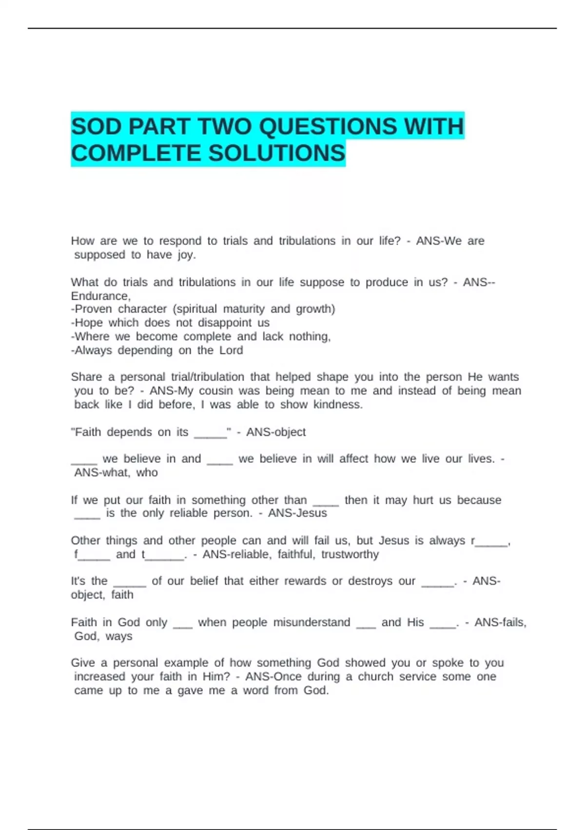 SOD PART TWO QUESTIONS WITH COMPLETE SOLUTIONS - SOD Theory - Stuvia US