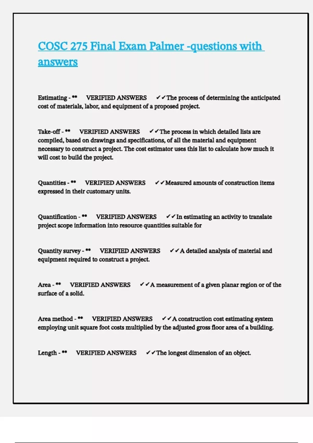 COSC 275 Final Exam Palmer -questions with answers - COSC 275 - Stuvia US