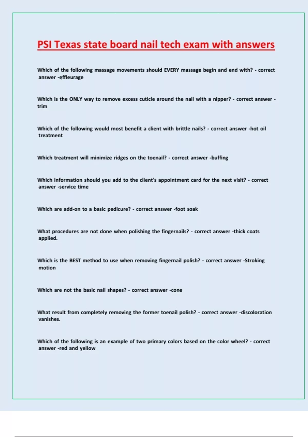 PSI Texas state board nail tech exam with answers - Texas manicure ...