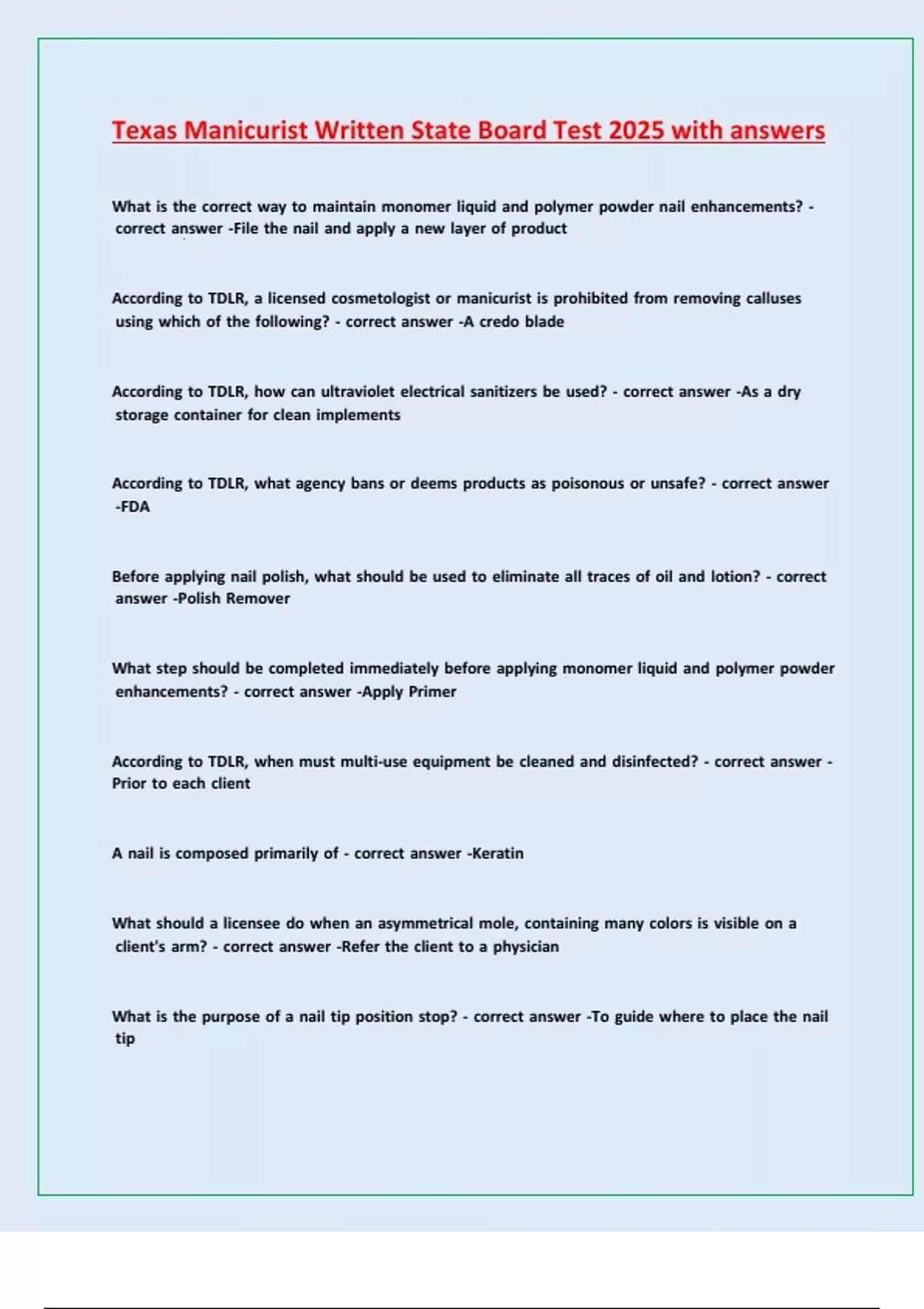Texas Manicurist Written State Board Test 2025 with answers - Texas ...