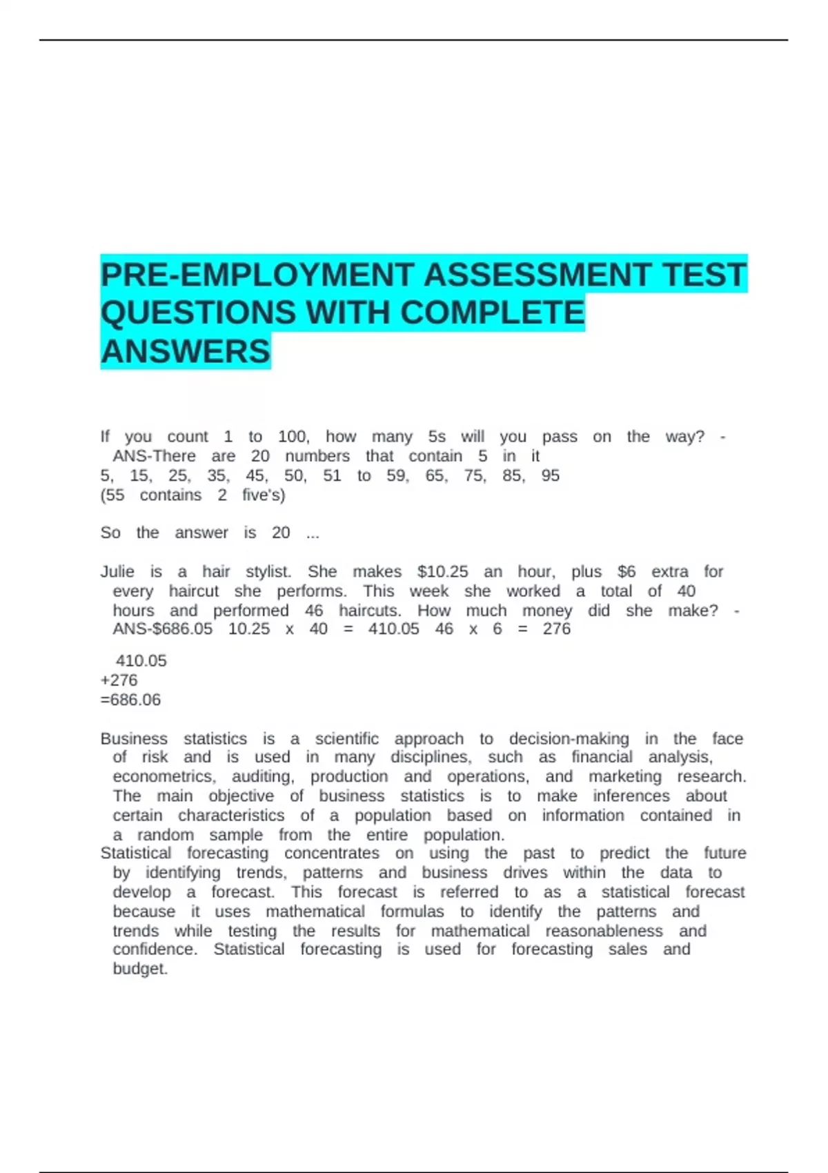 PRE-EMPLOYMENT ASSESSMENT TEST QUESTIONS WITH COMPLETE ANSWERS - ALSO ...