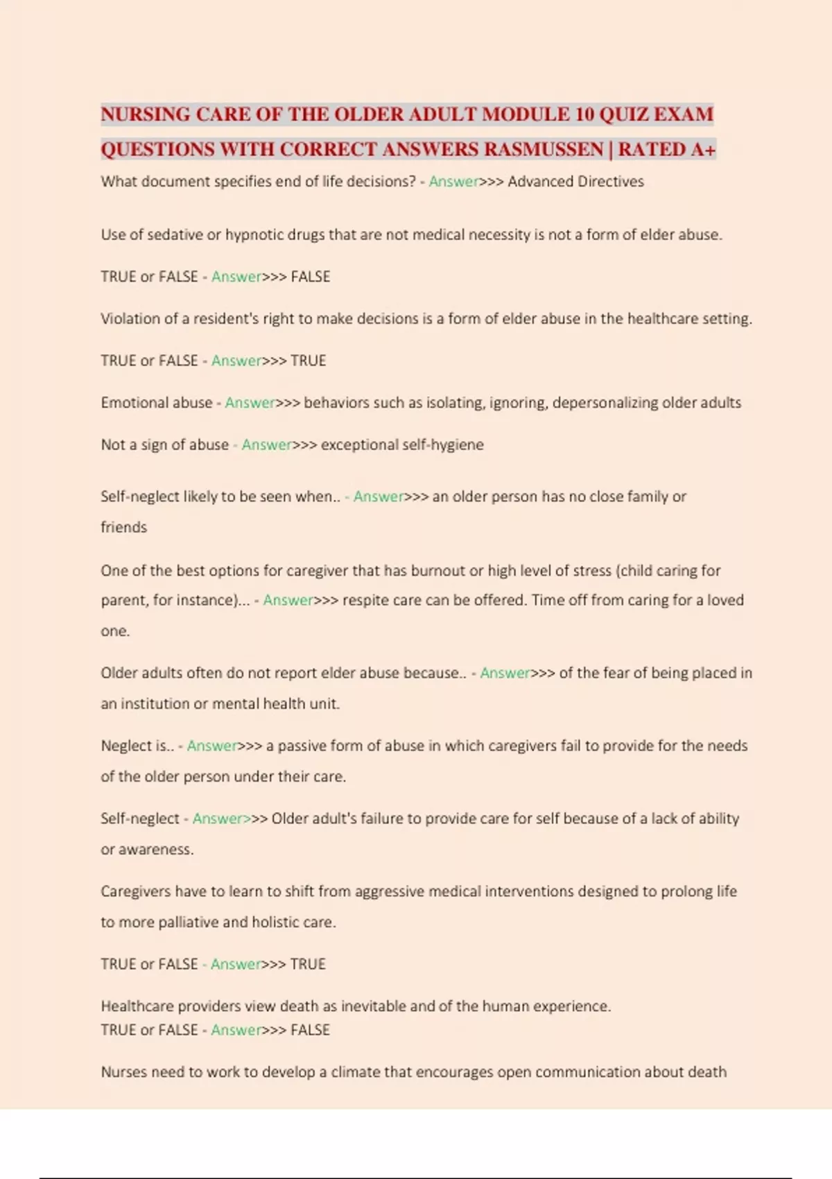 NURSING CARE OF THE OLDER ADULT MODULE 10 QUIZ EXAM QUESTIONS WITH ...