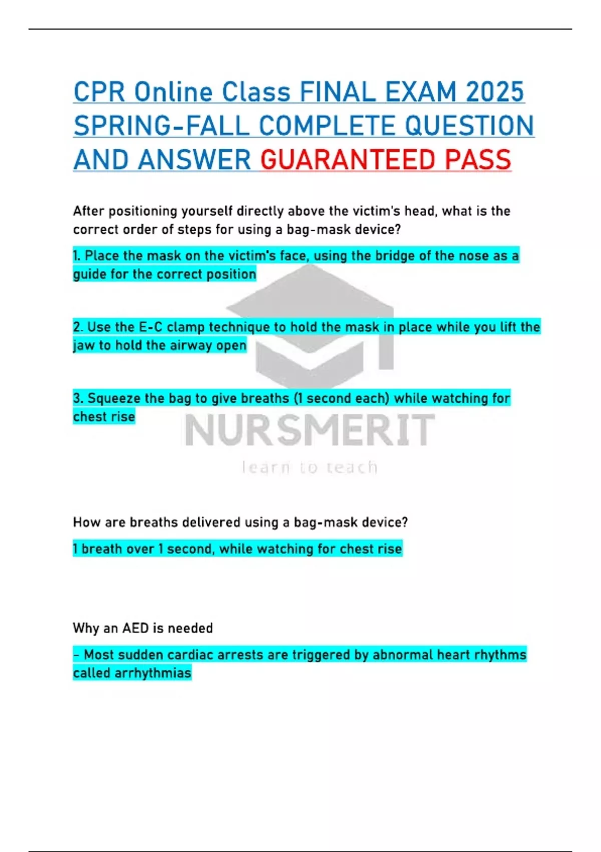 CPR Online Class FINAL EXAM 2025 SPRING-FALL COMPLETE QUESTION AND ANSWER GUARANTEED PASS - CPR ...