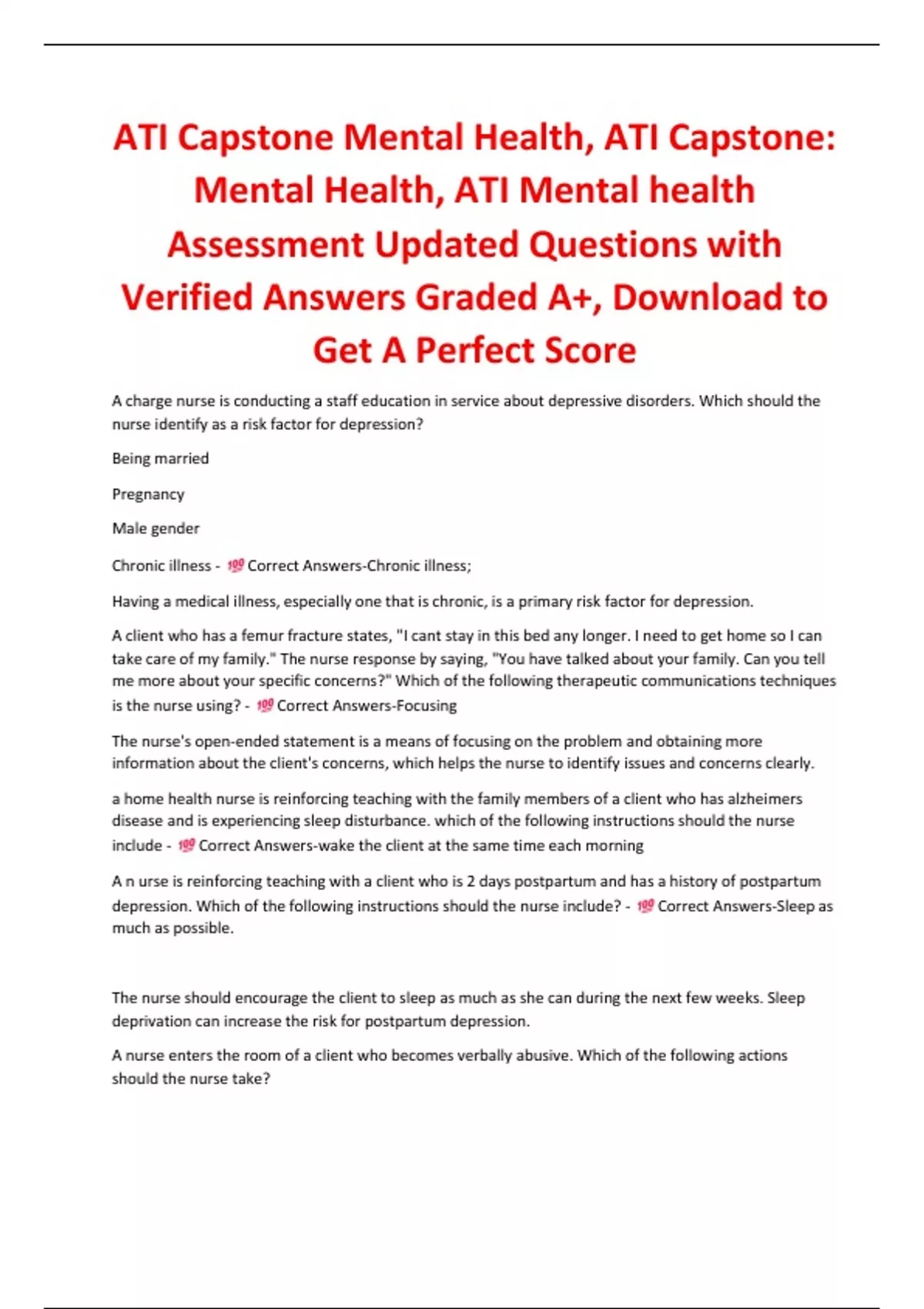 ATI Capstone Mental Health, ATI Capstone: Mental Health, ATI Mental ...