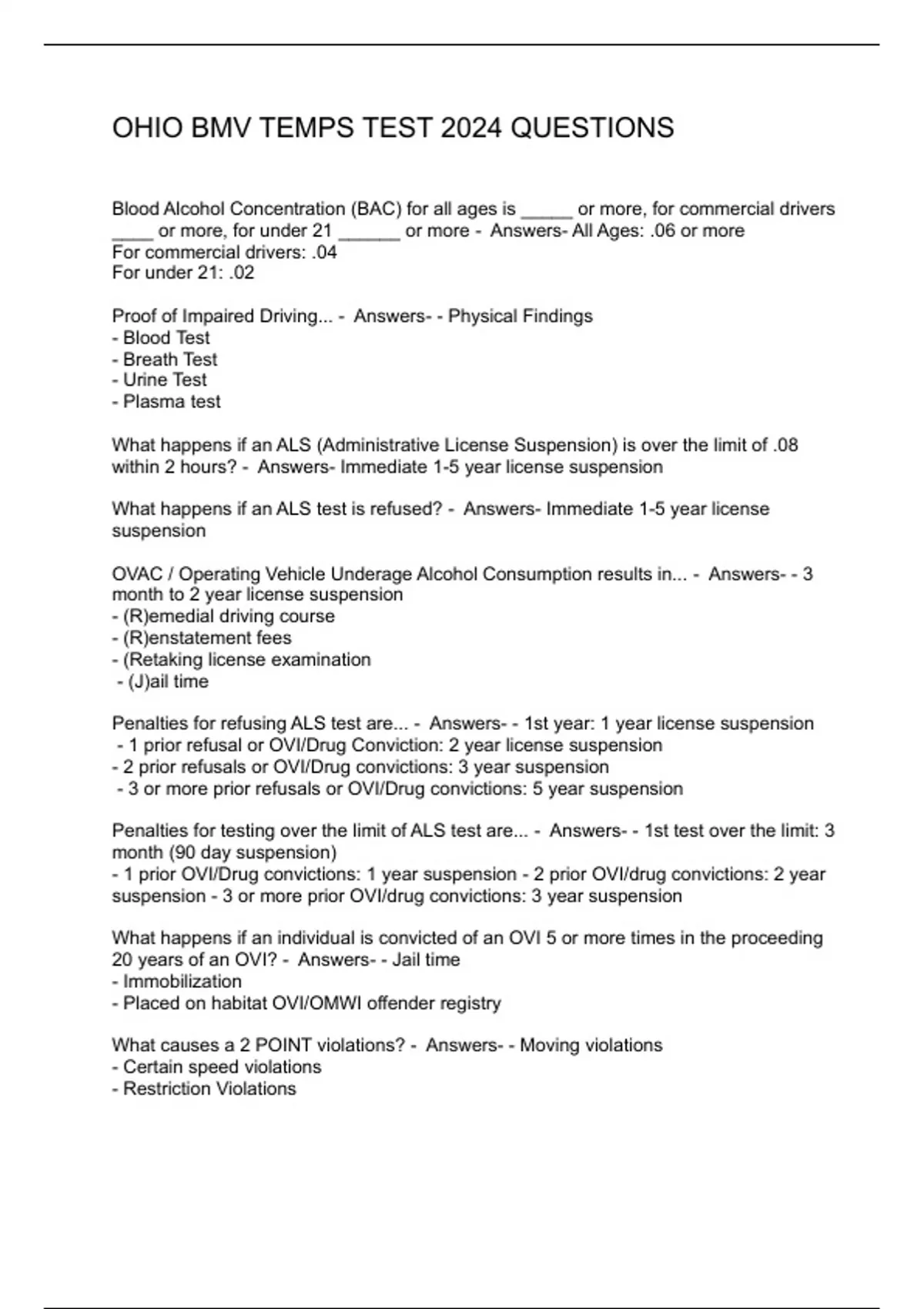 OHIO BMV TEMPS TEST 2024 QUESTIONS - OHIO BMV TEMPS - Stuvia US