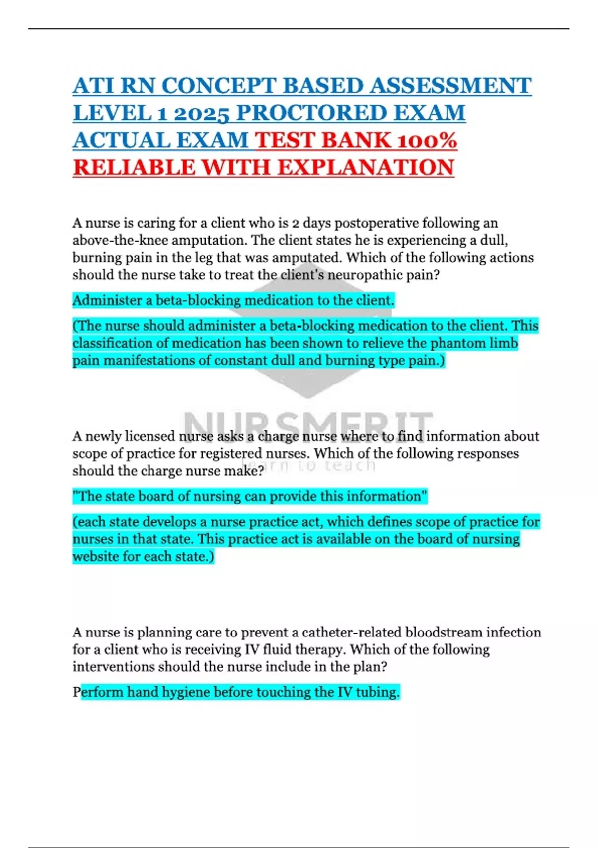 ATI RN CONCEPT BASED ASSESSMENT LEVEL 1 2025 PROCTORED EXAM ACTUAL EXAM ...