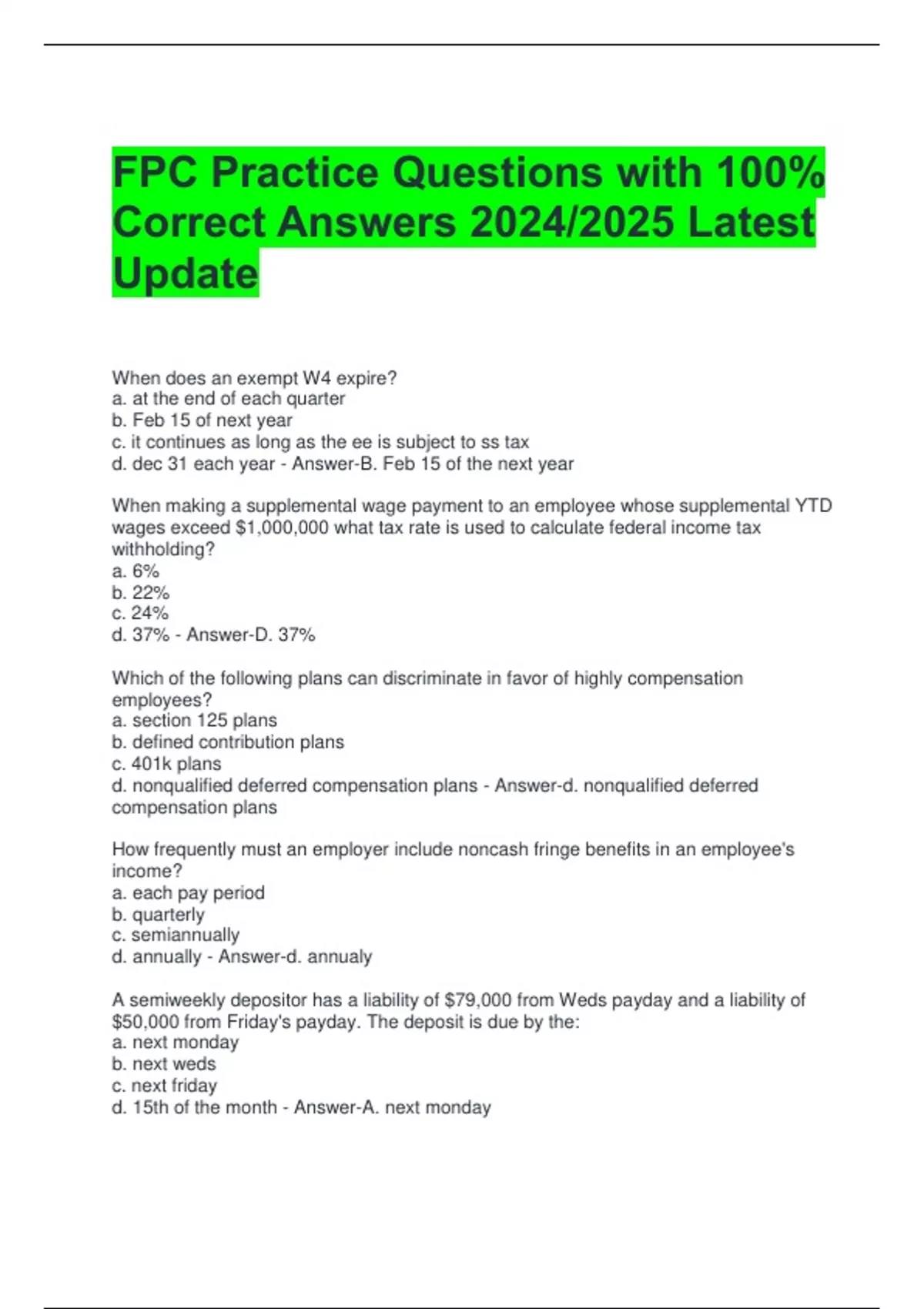 Fpc Practice Questions With 100 Correct Answers 2024 2025 Latest Update Fpc Stuvia Us