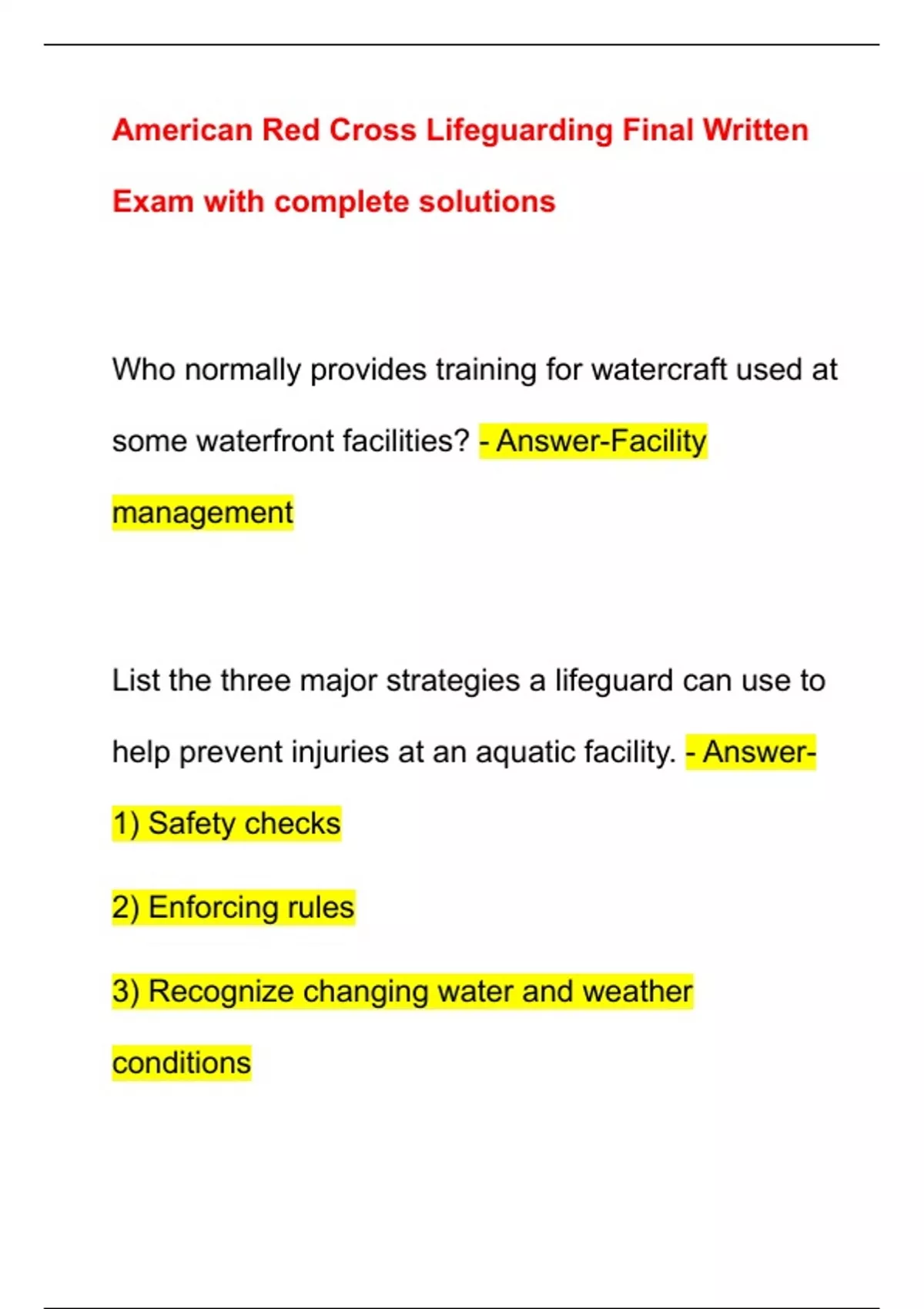 American Red Cross Lifeguarding Final Written Exam with complete ...