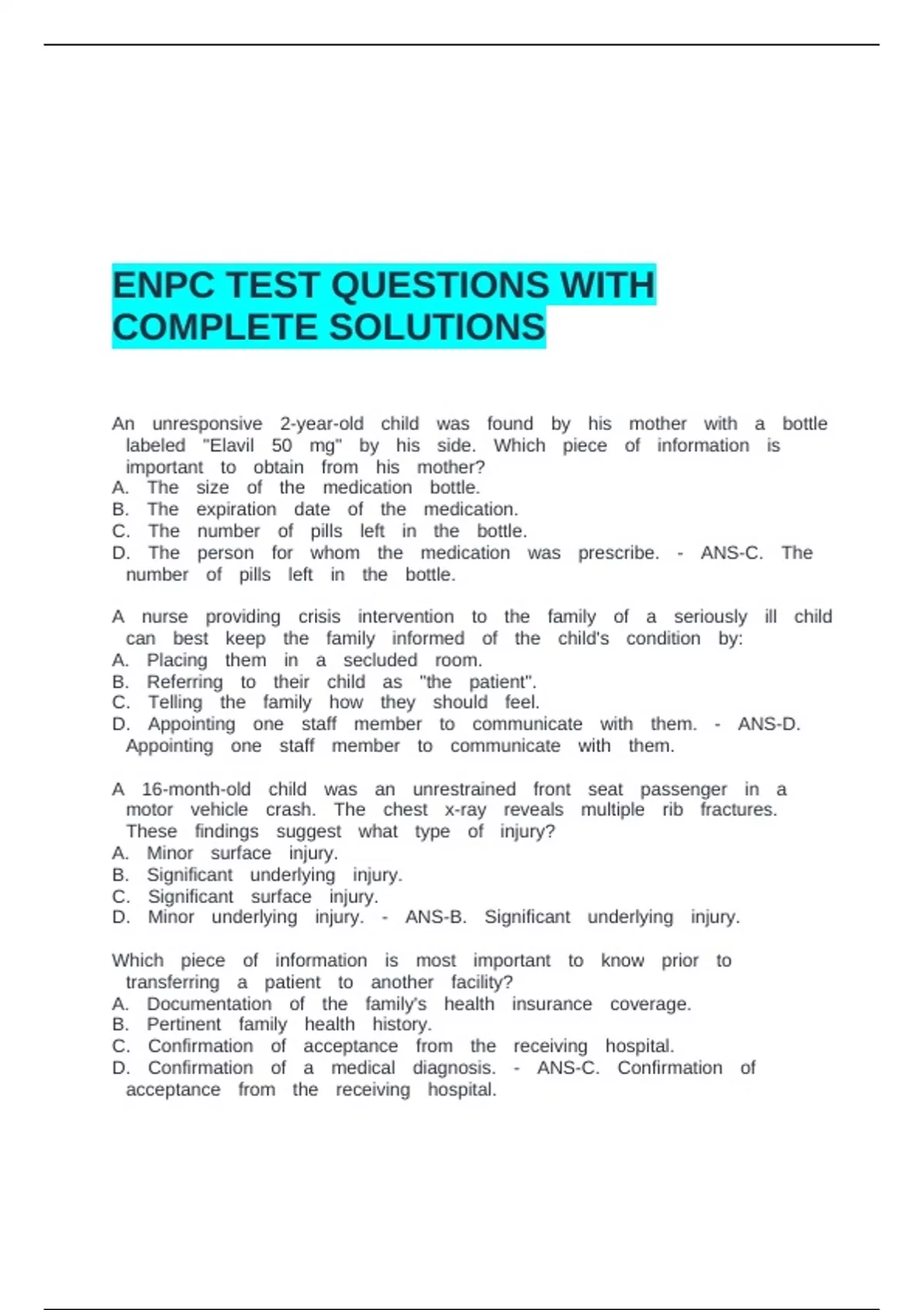 ENPC TEST QUESTIONS WITH COMPLETE SOLUTIONS. - ALSO Pre - Stuvia US