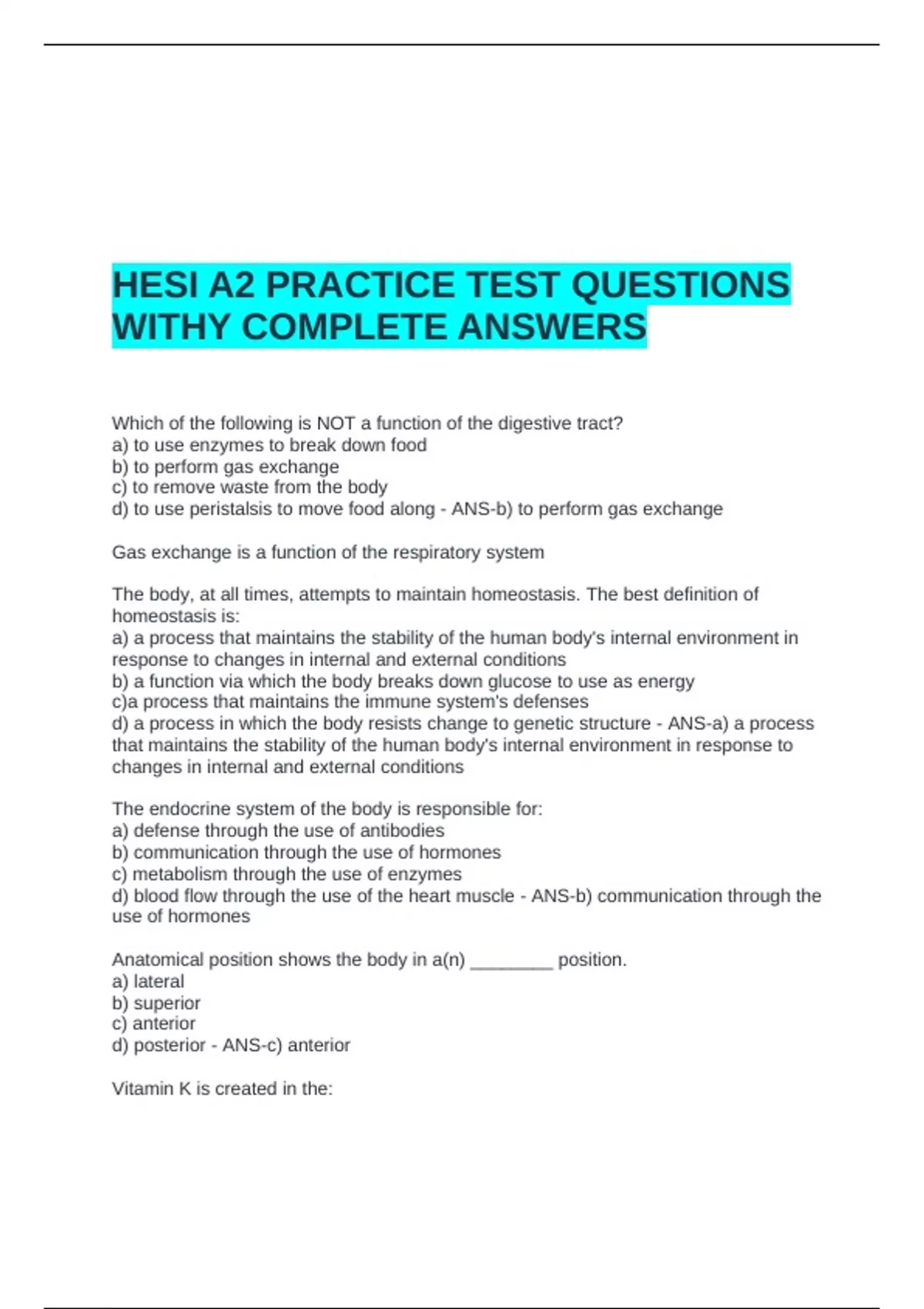 HESI A2 PRACTICE TEST QUESTIONS WITHY COMPLETE ANSWERS - ALSO Pre ...
