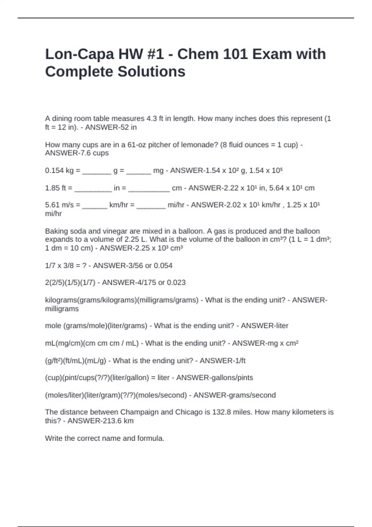 Lon-Capa HW -1 - Chem 101 Exam with Complete Solutions - CAPA - Certified Accounts Payable ...