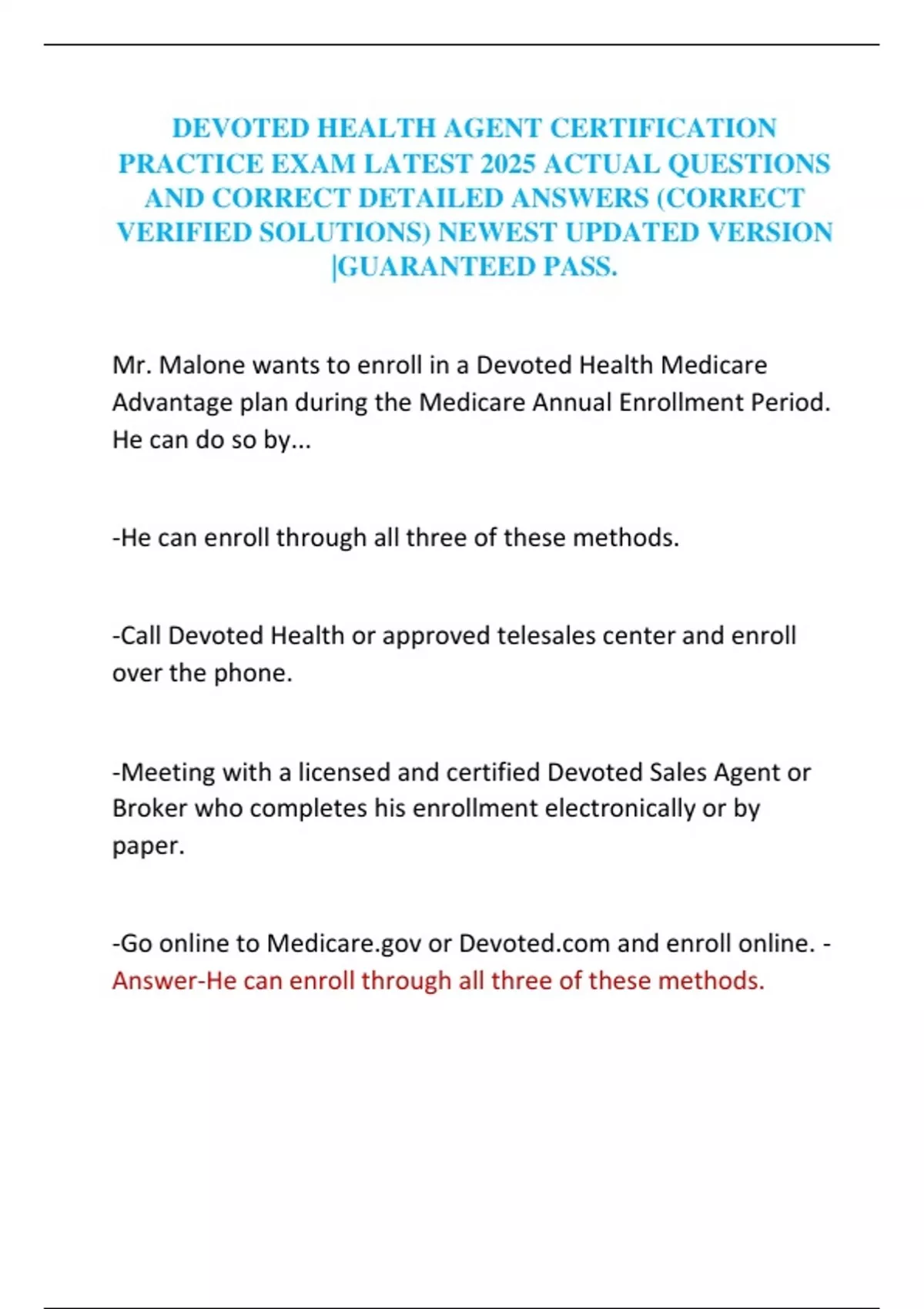DEVOTED HEALTH AGENT CERTIFICATION PRACTICE EXAM LATEST 2025 ACTUAL ...