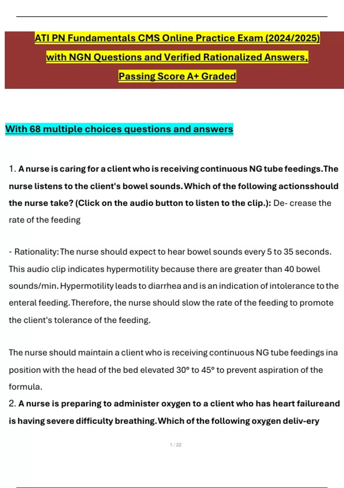 ATI PN Fundamentals CMS Online Practice Exam (2024/2025) with NGN ...