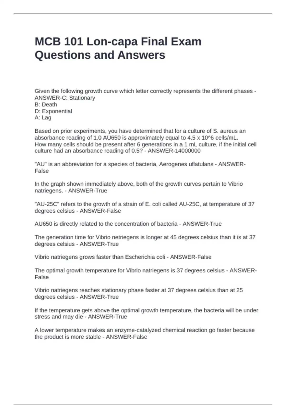 MCB 101 Lon-capa Final Exam Questions and Answers - CAPA - Certified ...