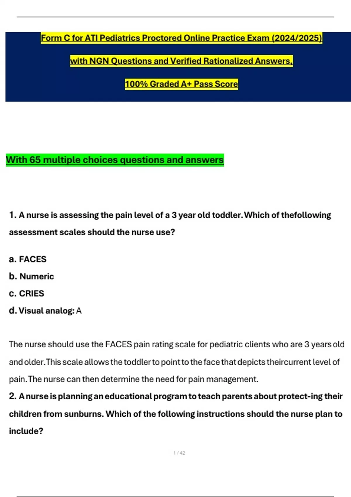 Package deal for ATI Pediatrics Proctored Online Practice Exam Form A,B ...