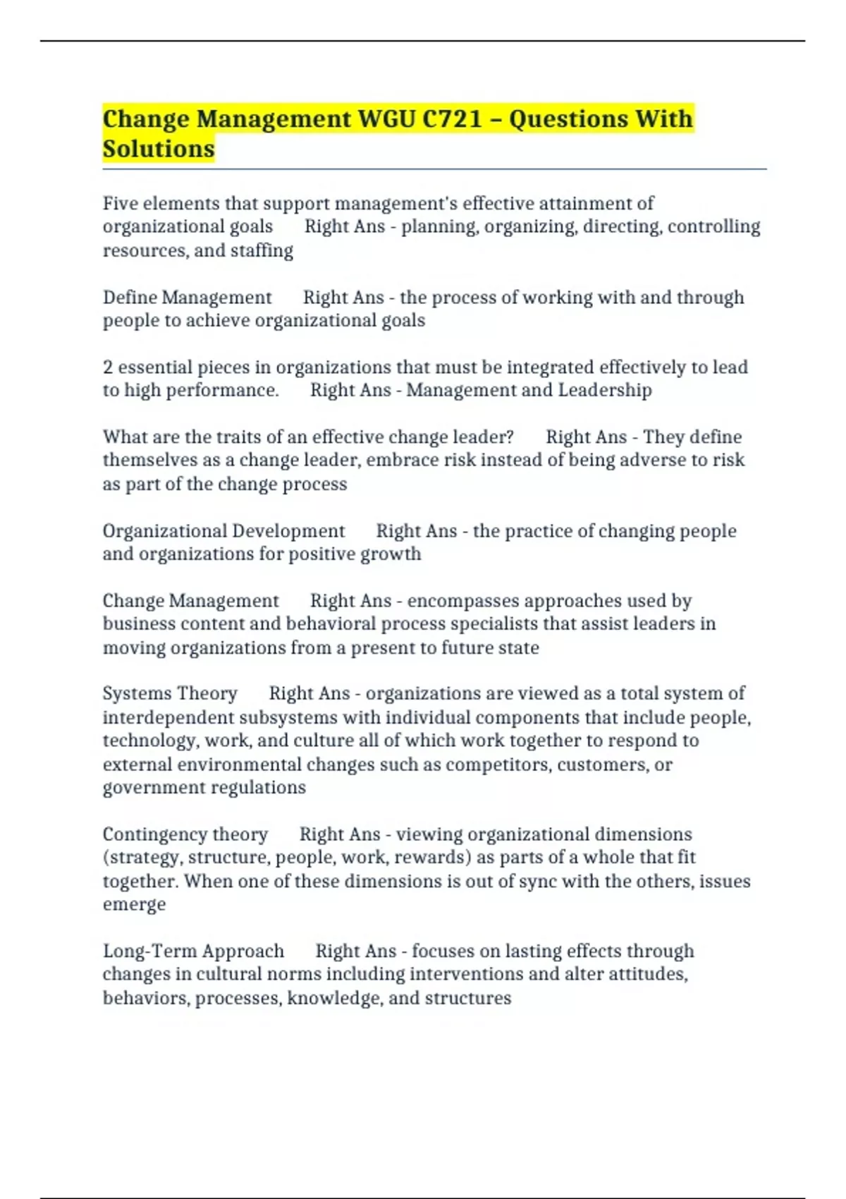 Change Management WGU C721 – Questions With Solutions - WGU C721 - Stuvia US